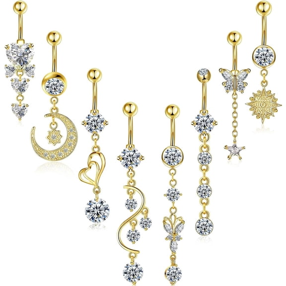 BPPEG 8 Pieces 14G Belly Button Rings Steel Long Dangle Navel Ring CZ ...