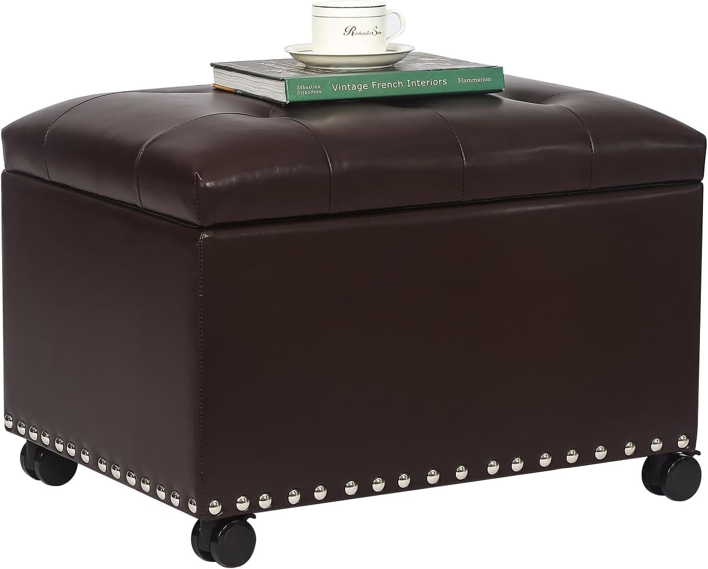 **leather storage ottoman with 360° wheels 24" rolling foot rest bench ...