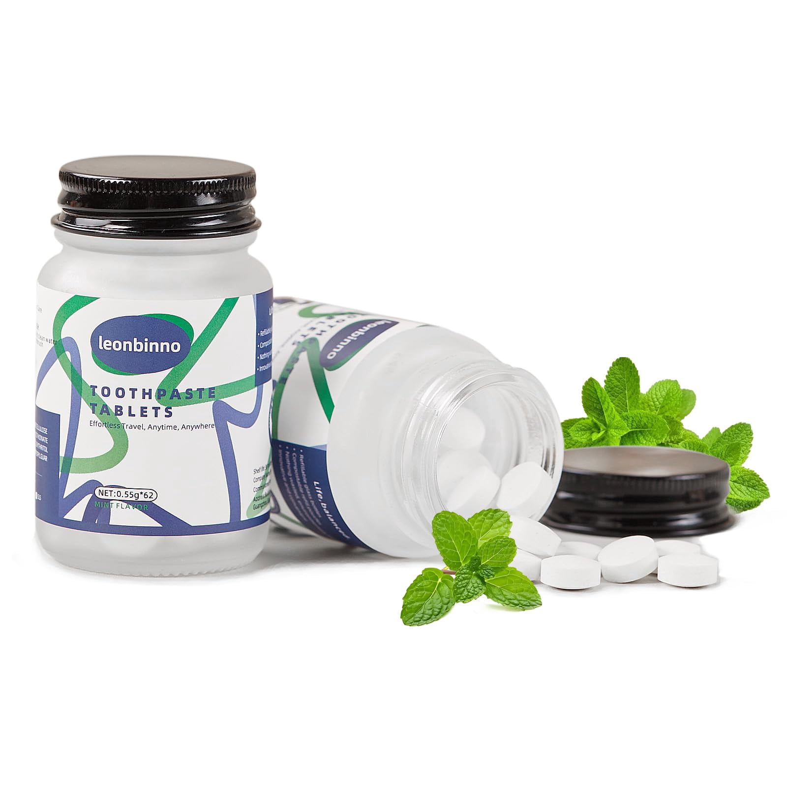 leonbinno Toothpaste Tablets Mint DHF10 Flavor, 62 Tablets Glass Bottle ...