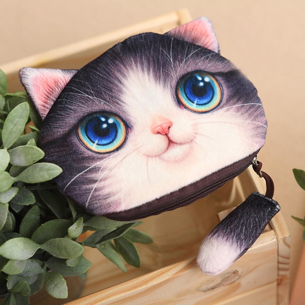 leozcaa Cute 3D Plush Cat Face Coin Purse Kitty Money Bag Pouch Wallet ...