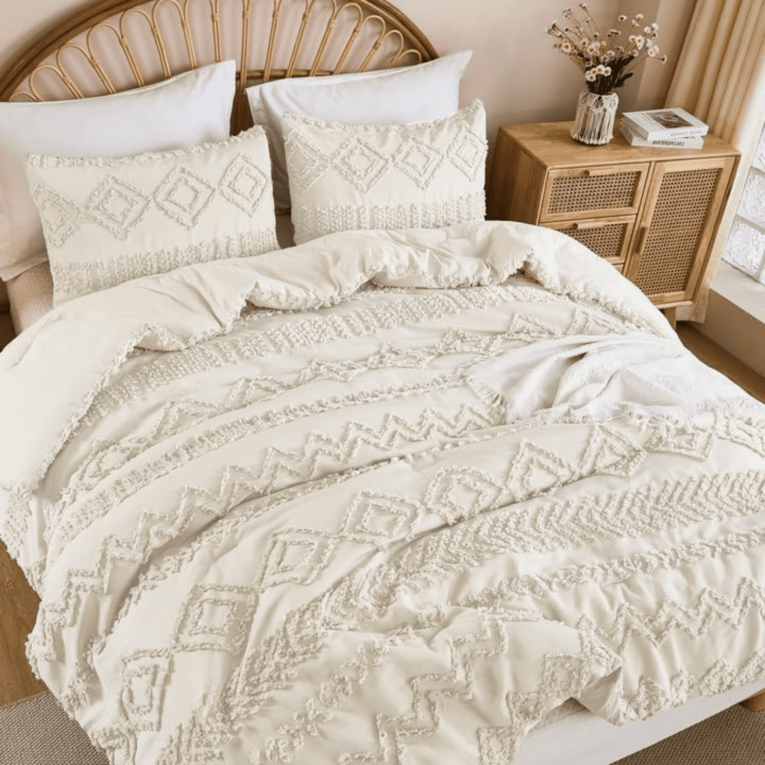 chdqwer Boho Beige Comforter Queen Fluffy Soft Warm Bed Set Farmhouse ...