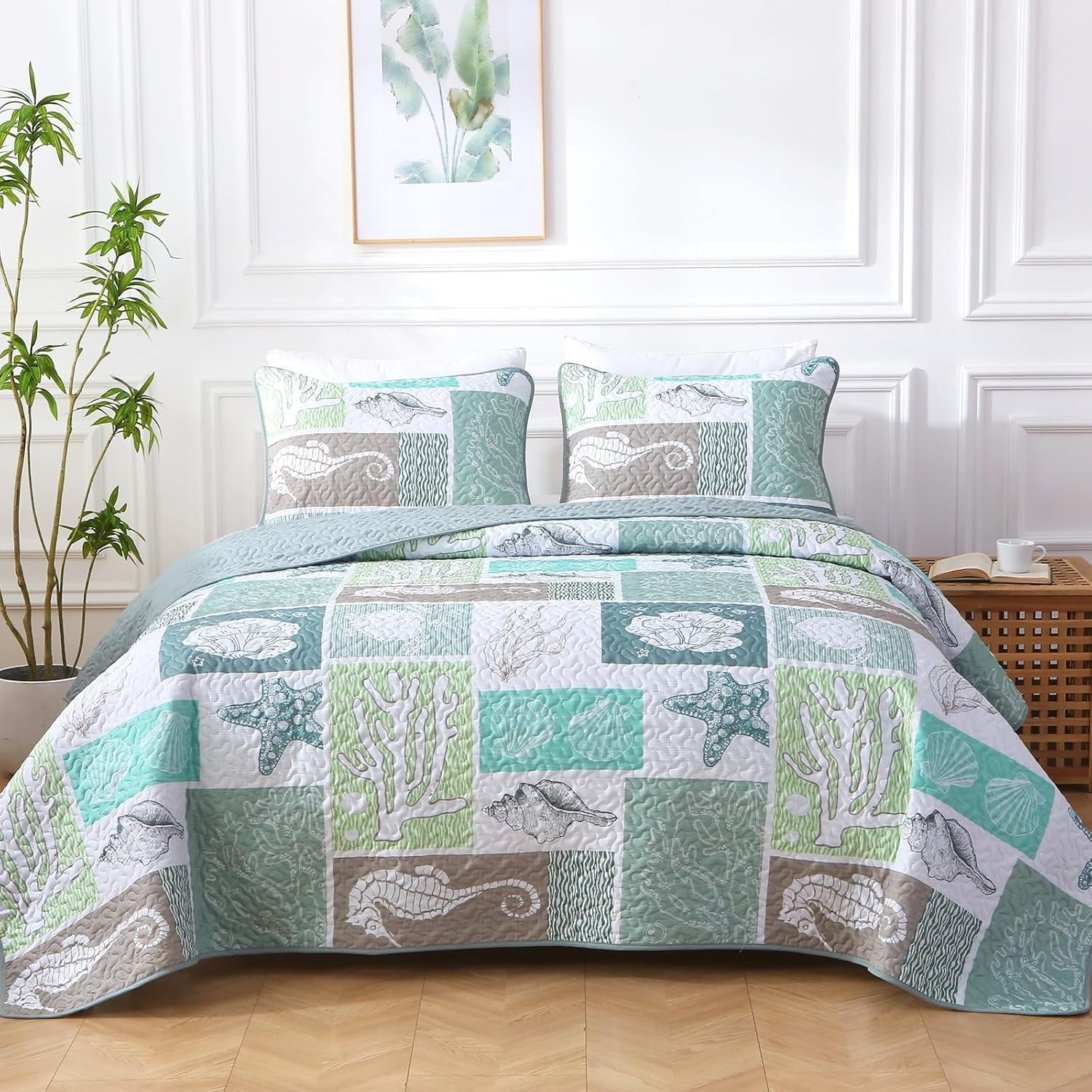 lgskybiudun Coastal Quilt Set King Size Beach Coverlet Blue Starfish ...