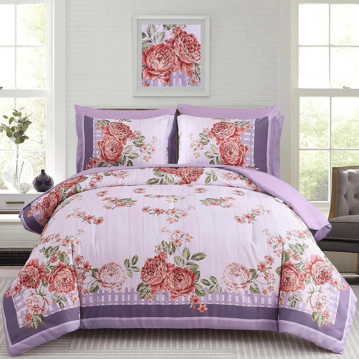 lgskybiudun King Size Purple Bed in Bag Comforter Set Garden Farmhouse ...