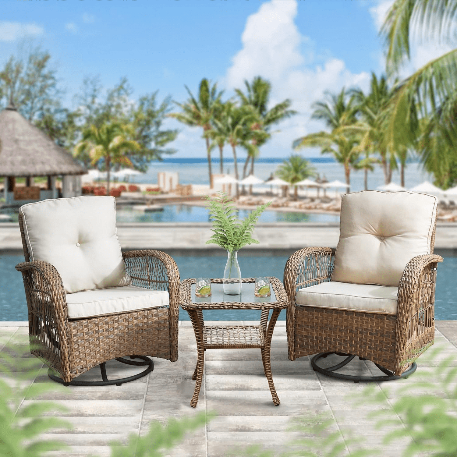 lifeboombiulife 3PC Wicker Swivel Conversation Set Rattan Bistro Set ...