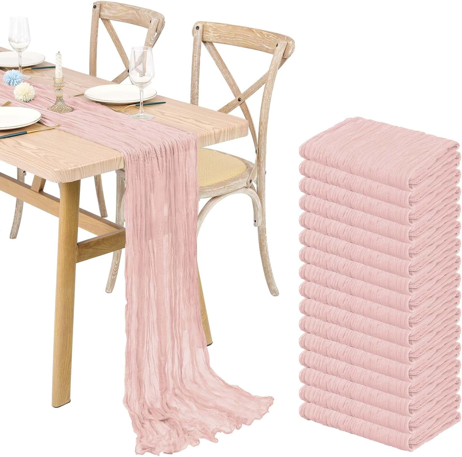 lifrceu 16 Pack Baby Pink Cheesecloth Table Runner 10FT Boho Gauze Table Runner Long Romantic ...