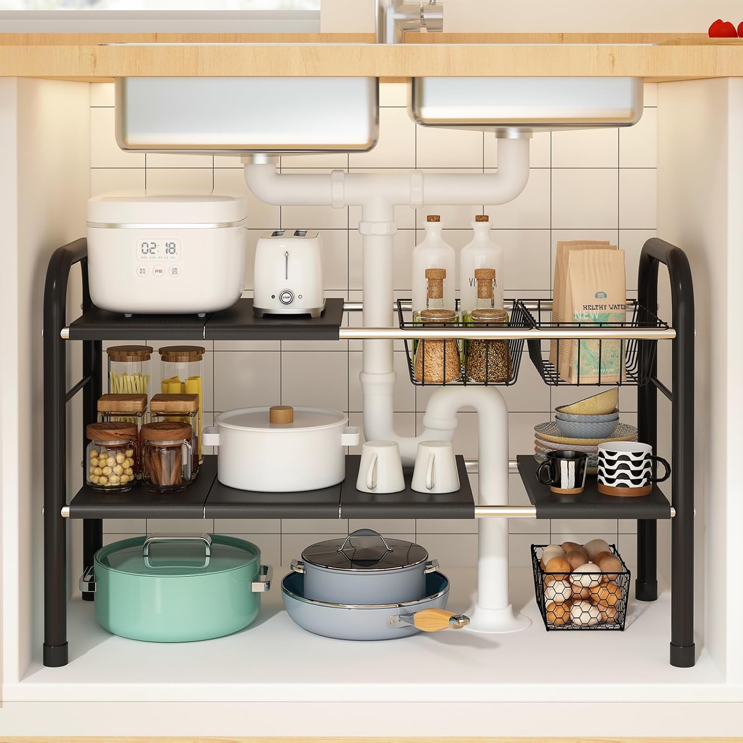 lifrceu Expandable Under Sink Organizer 2 Tier Under Sink Shelf with 2 ...