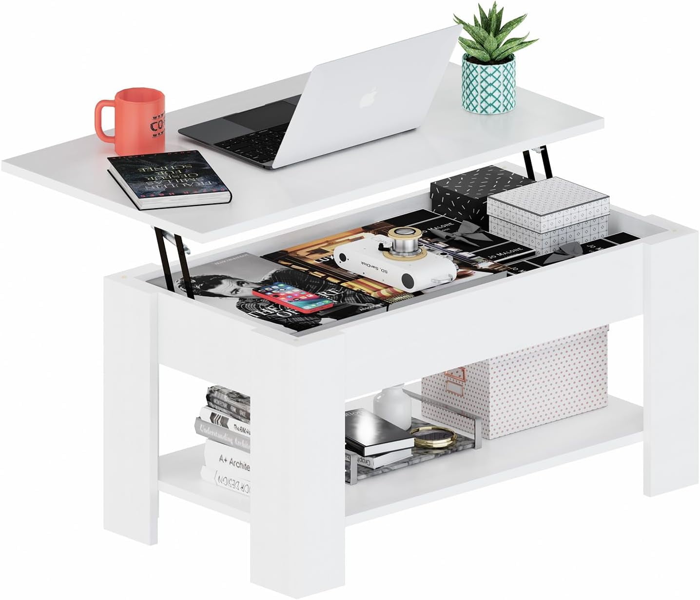 Lift Top Coffee Table with Hidden Storage Compartment & Open Shelves ...