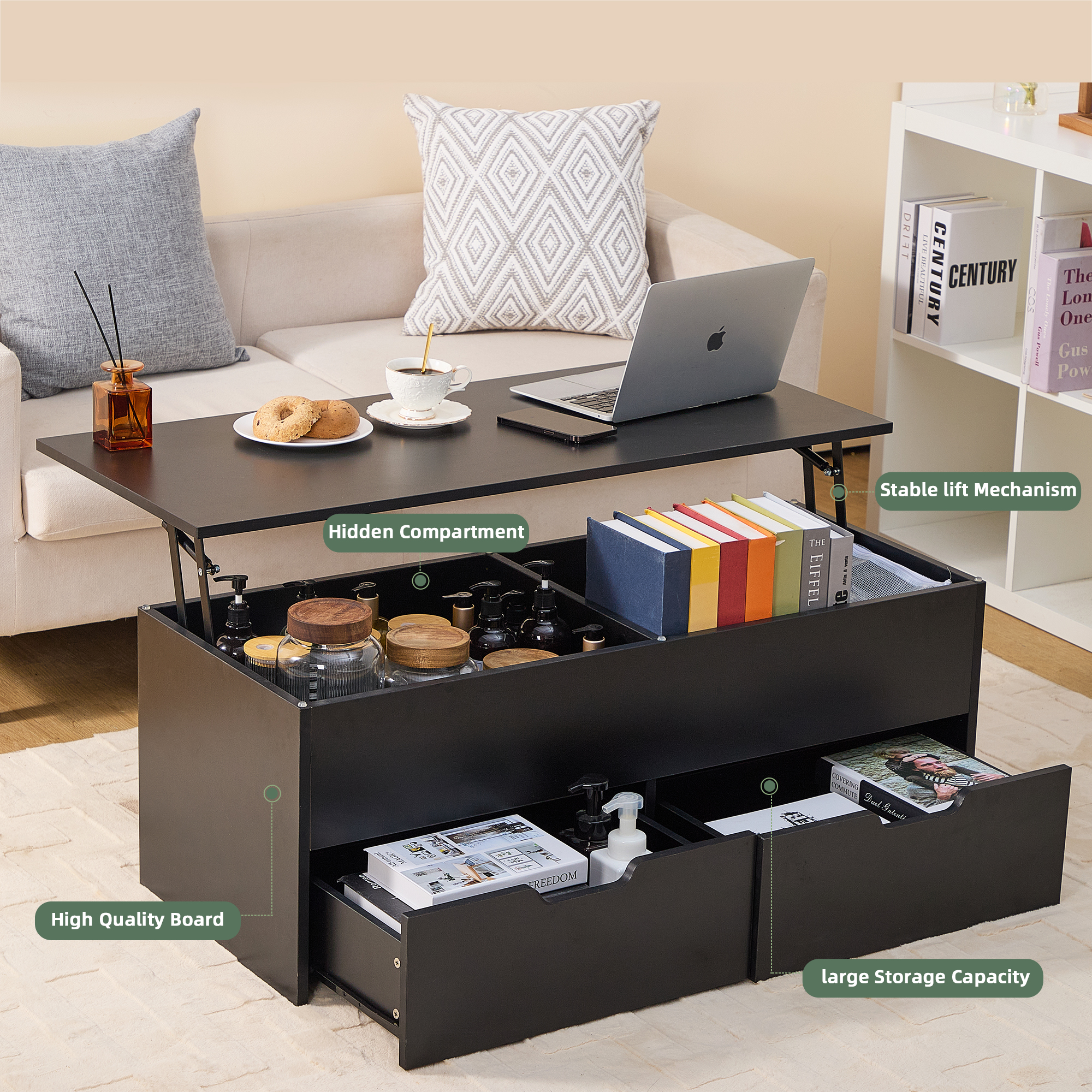 A lift-type coffee table with storage center table, hidden compartment ...
