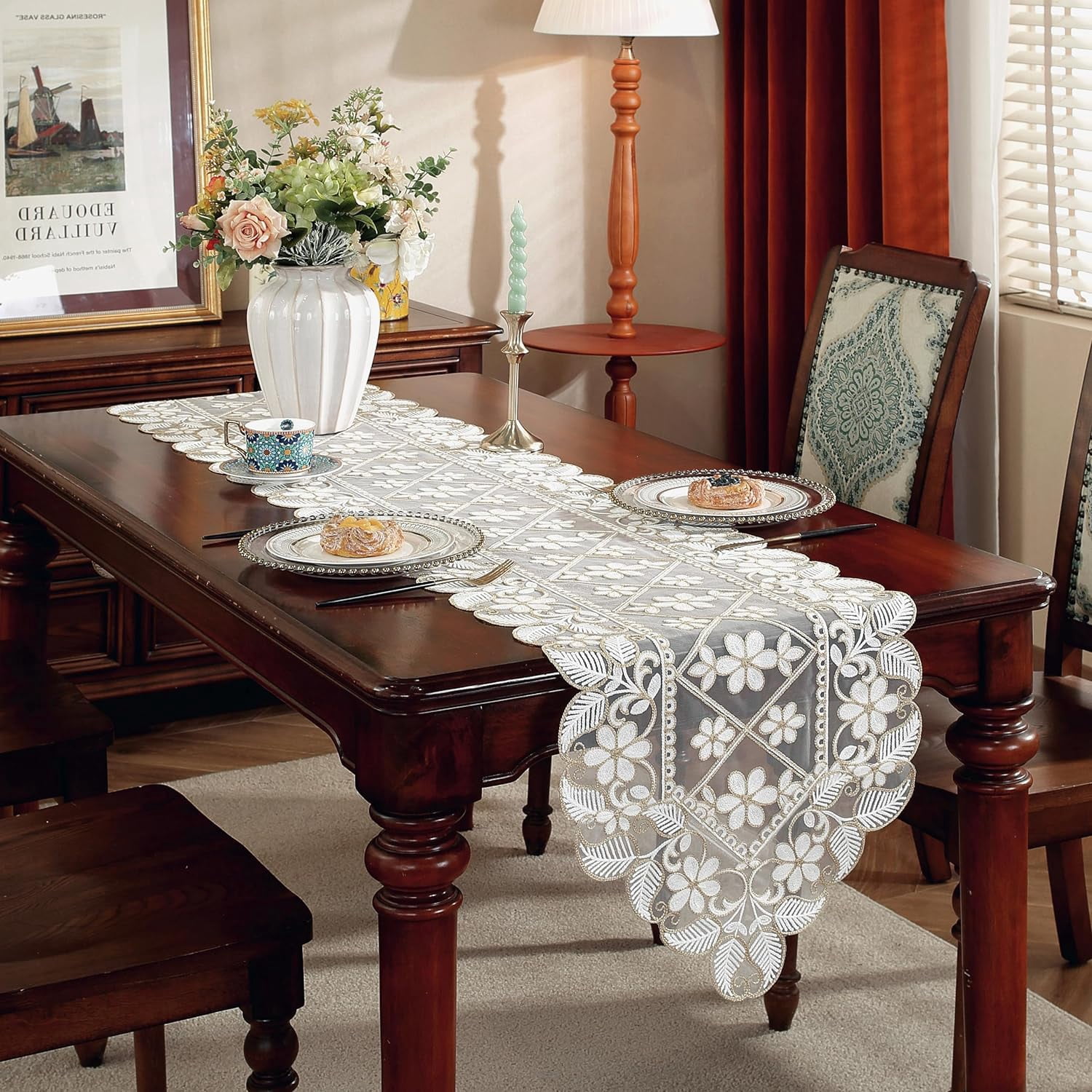 lihgd DIGNFYING White Lace Table Runner 70 Inches Long Retro Floral ...
