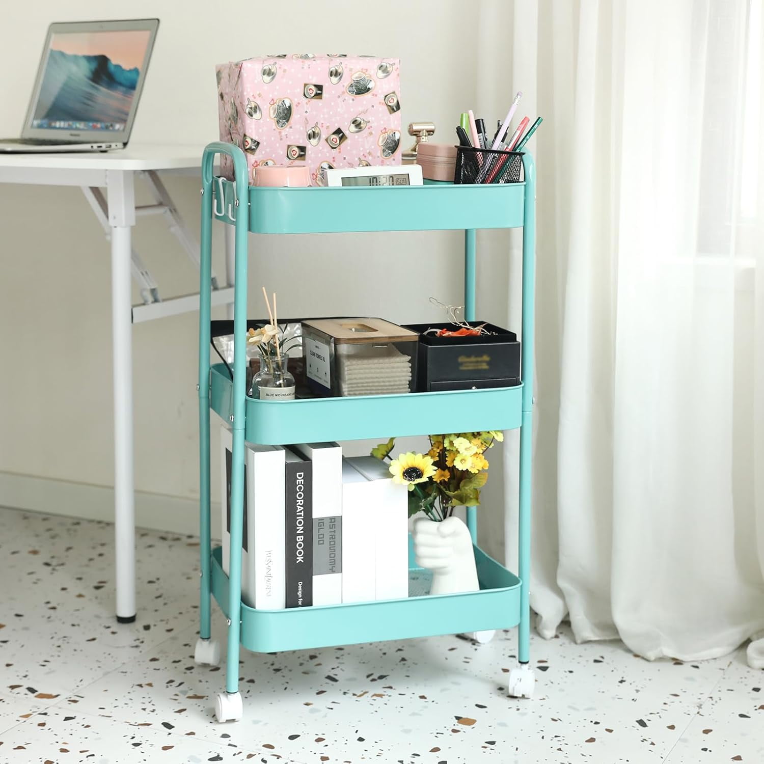 lihgd Metal Utility Cart with Wheels Three Tier Rolling Cart Storage ...