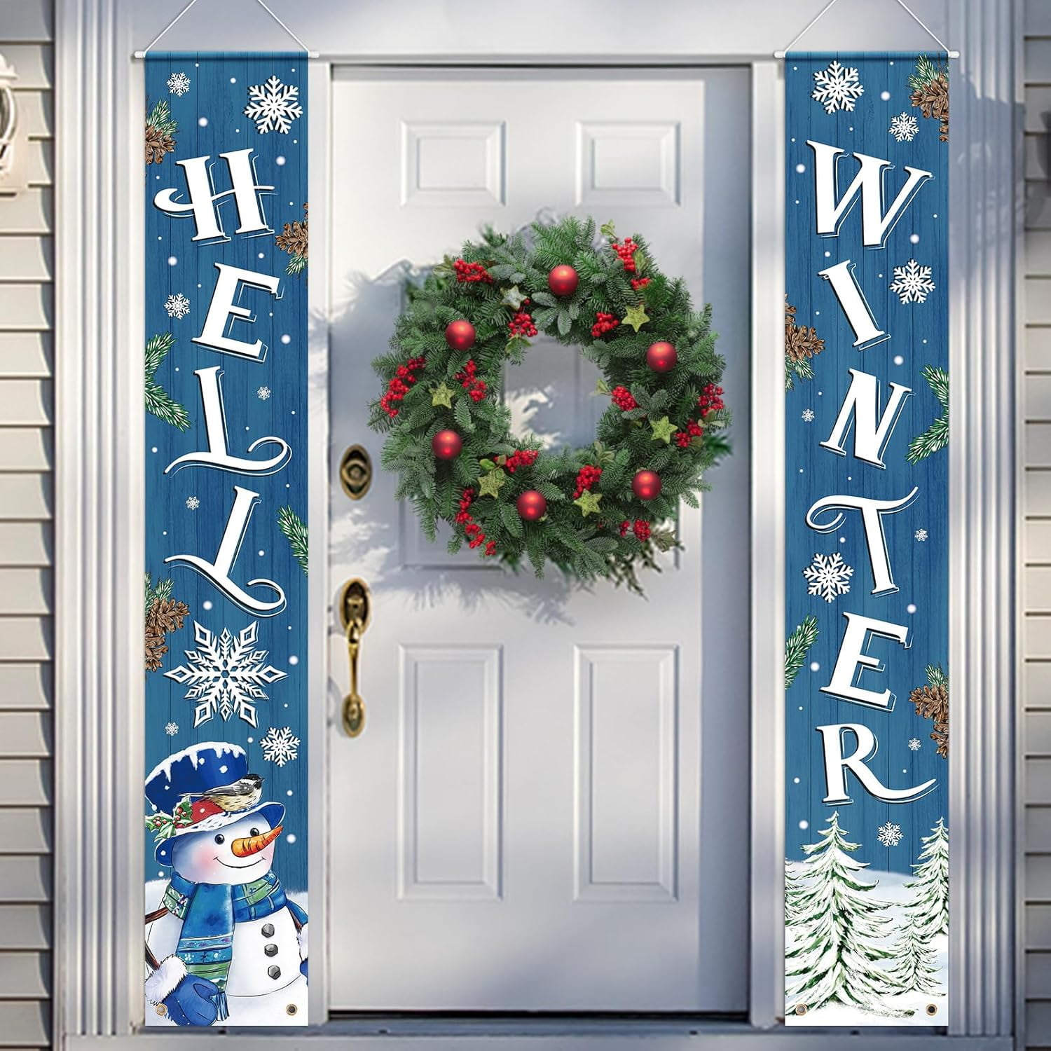 lijoe Hello Winter Porch Banner Sign Blue Christmas Snowman Snowflake ...