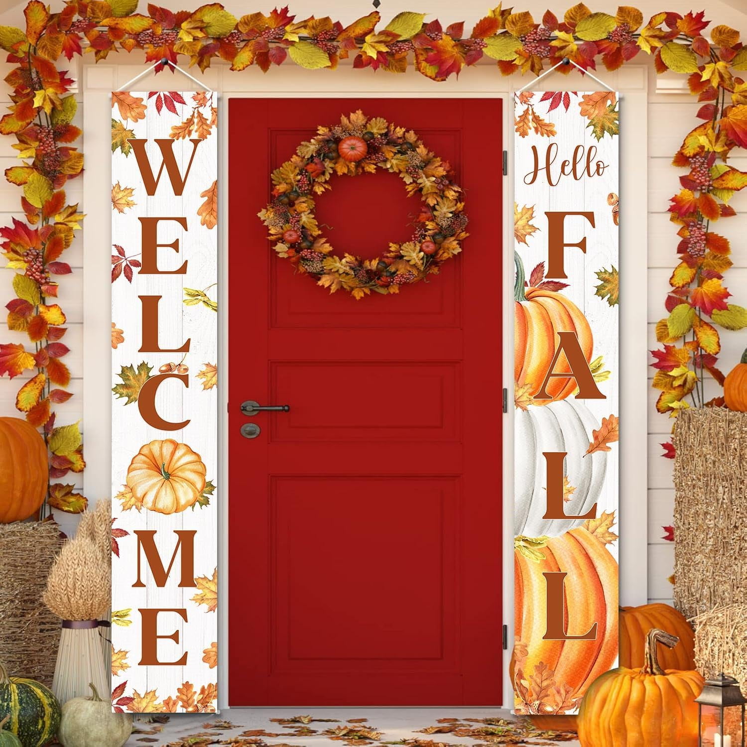 lijoe Yellow Pumpkin Porch Banner Sign, Hello Fall Pumpkin Maple Leaves ...