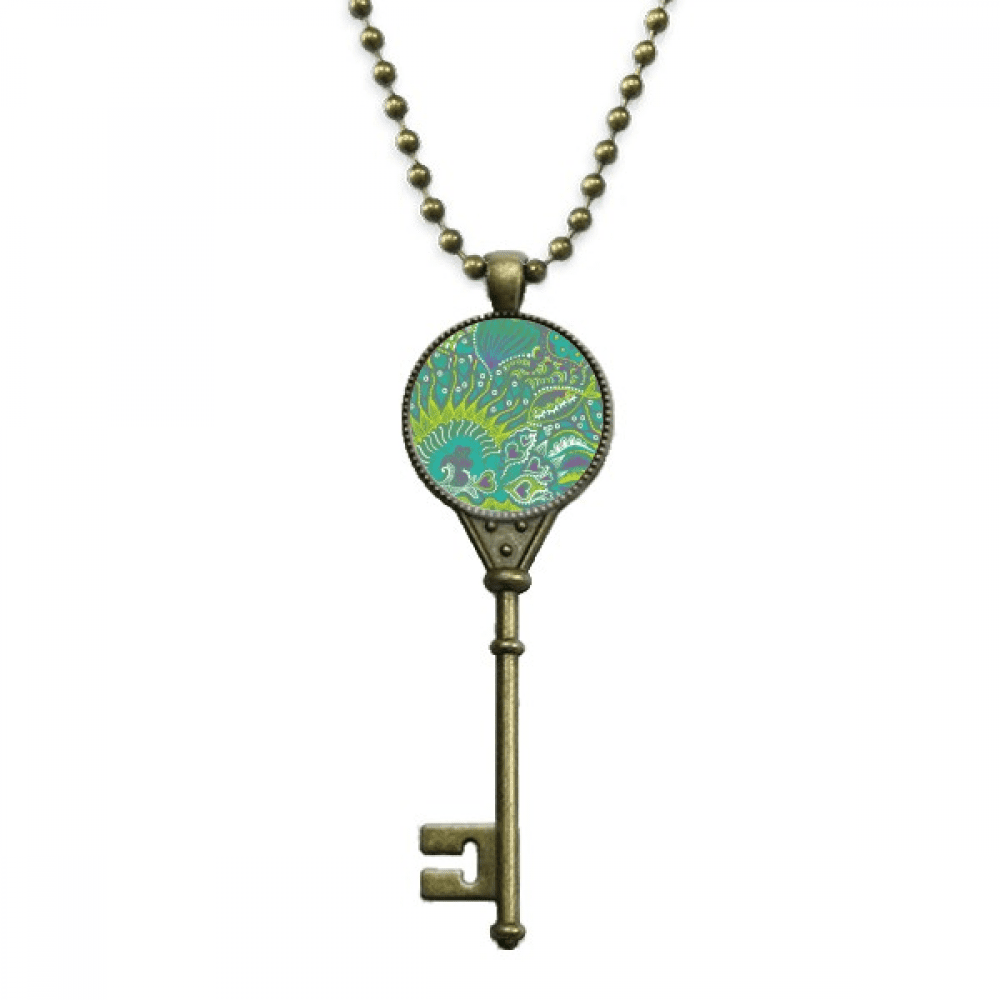 line drawing green fishes key necklace pendant tray embellished chain ...
