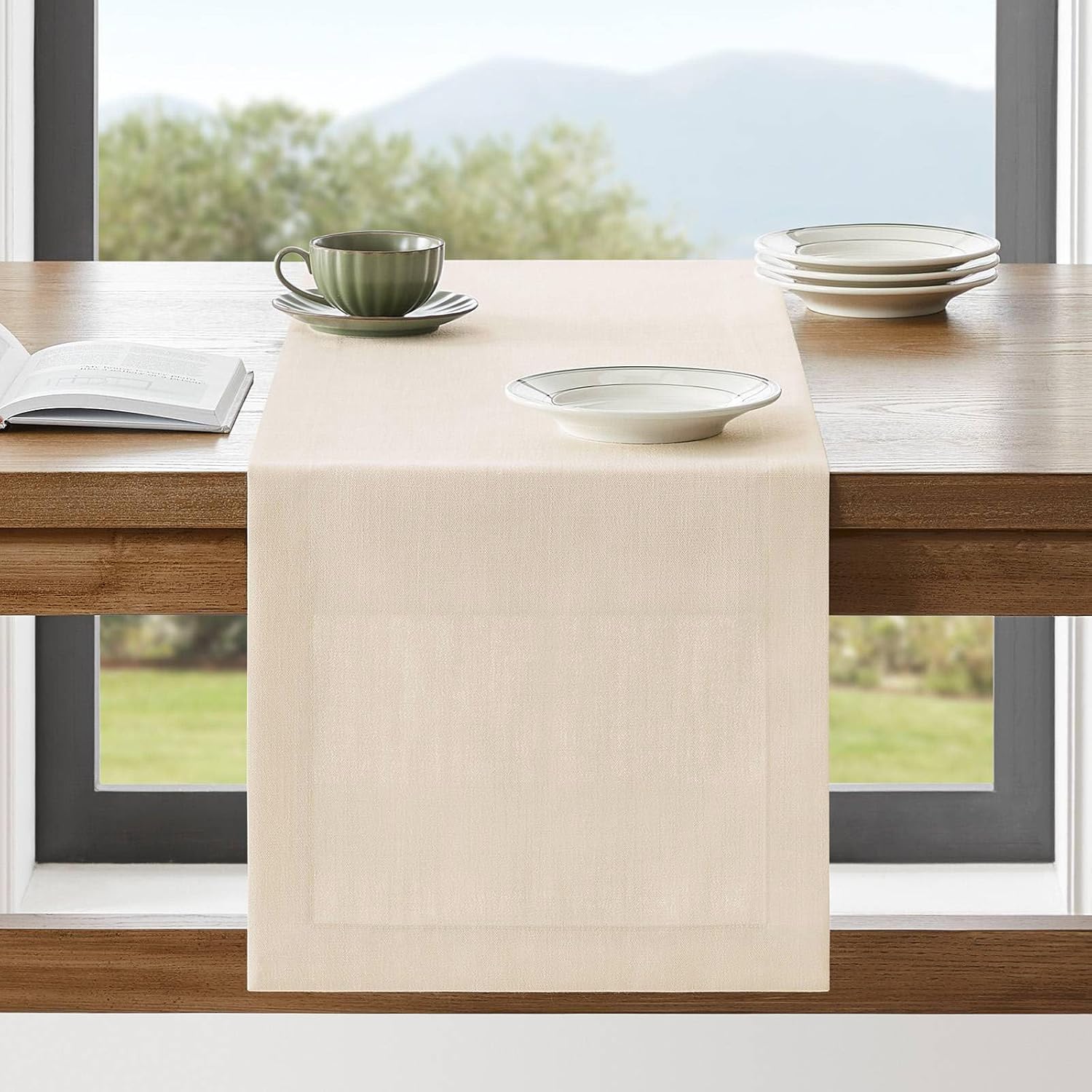 **linen textured border table runner, 14 x 60 inch cream, farmhouse ...
