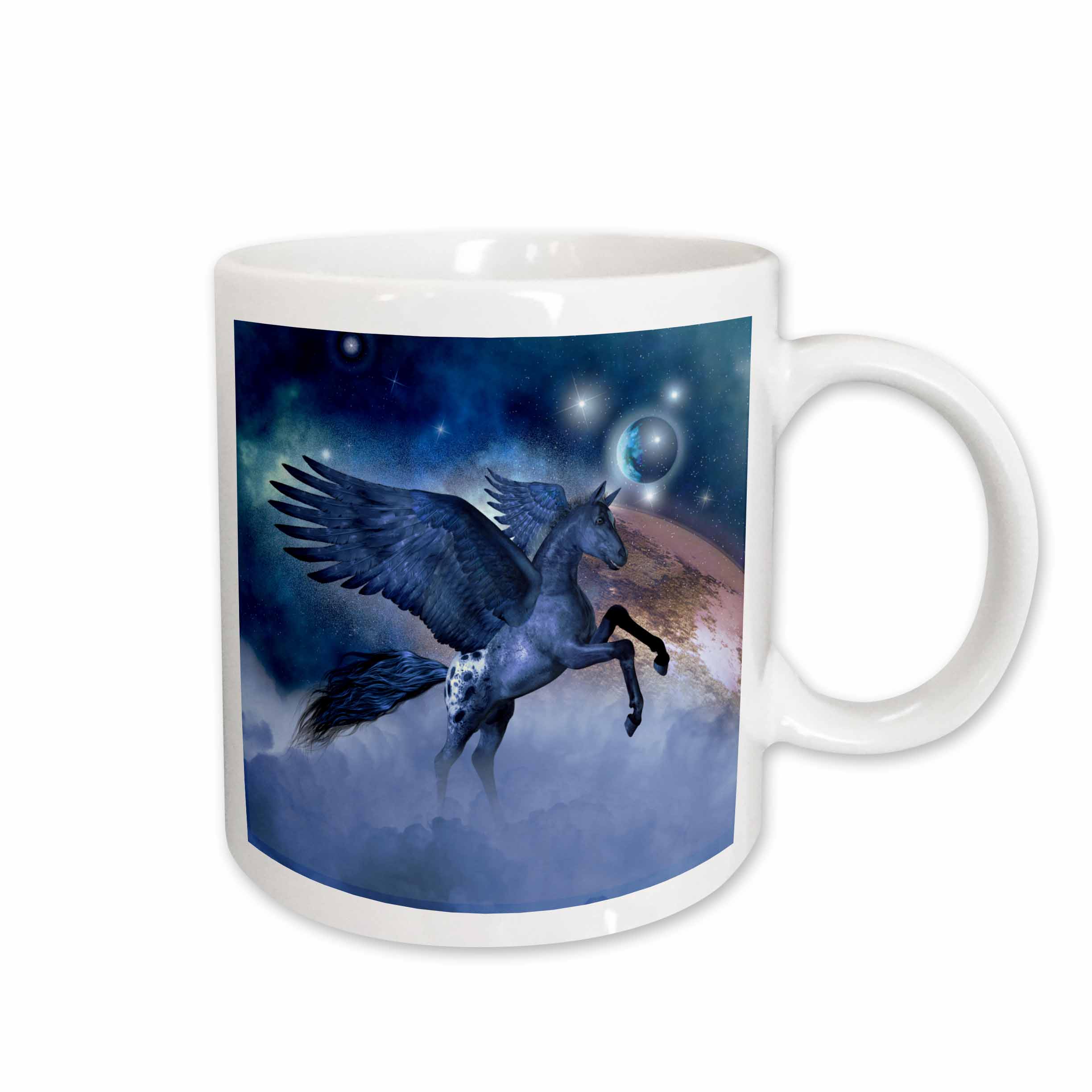 little blue Pegasus flies trough strange world with planets and stars ...