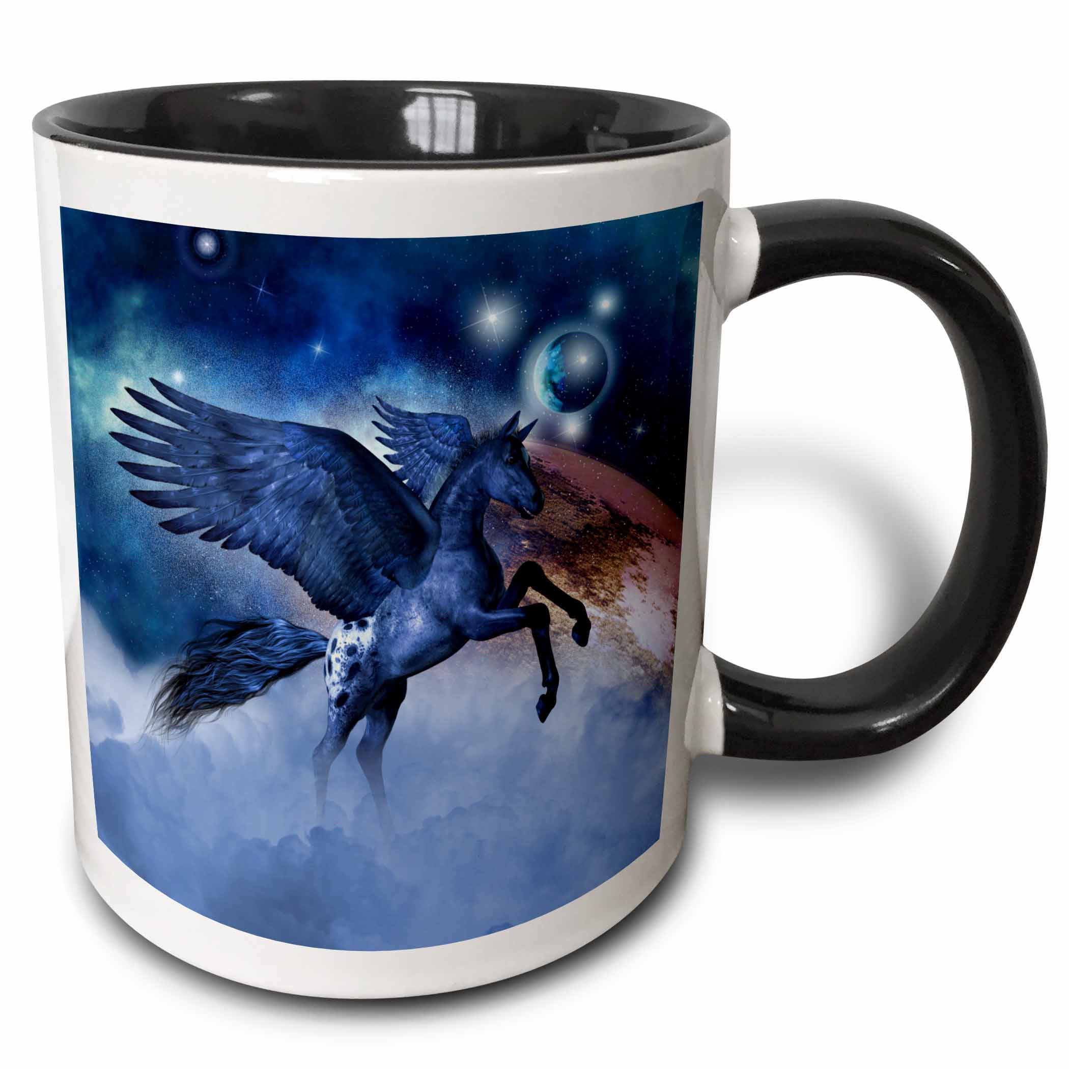 little blue Pegasus flies trough strange world with planets and stars ...