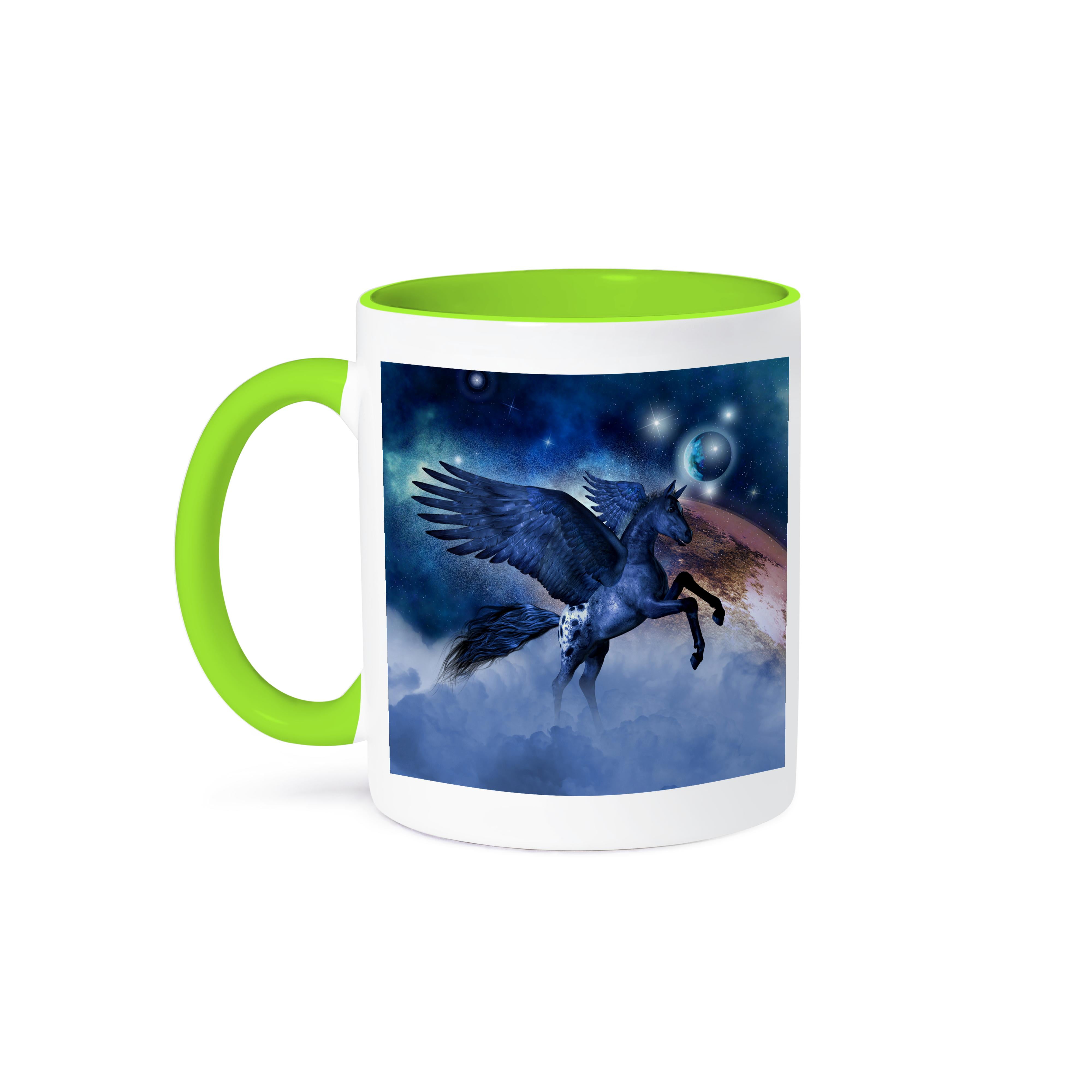 3dRose, little blue Pegasus flies trough strange world with planets and ...