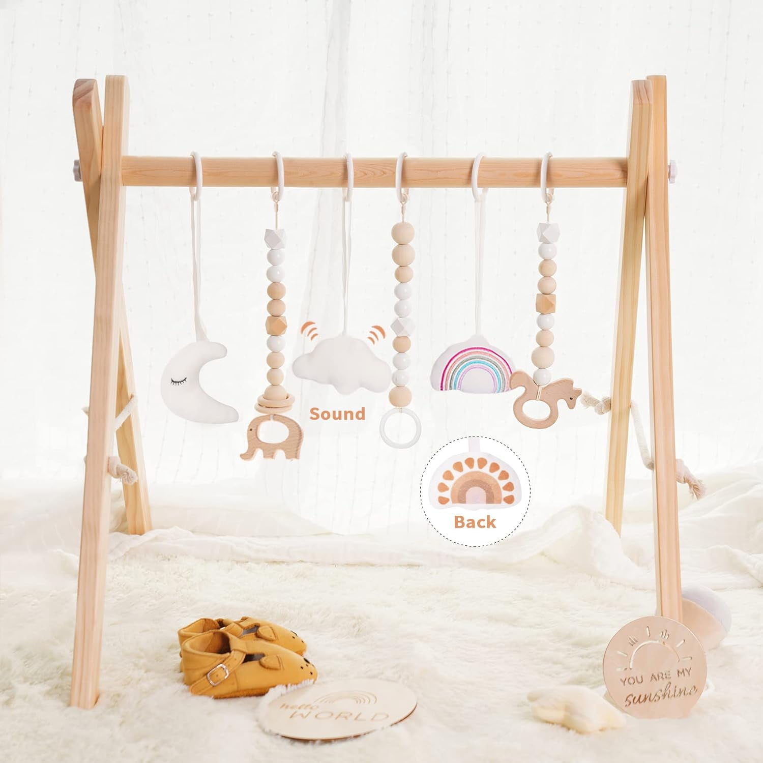 little dove Baby Play Gym Wooden Baby Gym with 6 Toys Foldable Play Gym ...