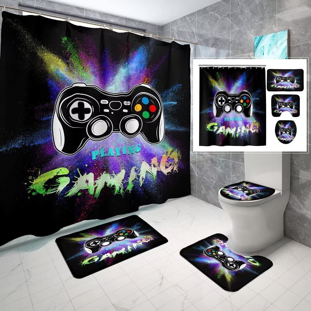 lixiao 4 Pcs Gamer Bathroom Sets for Boys Game Shower Curtain Set with ...
