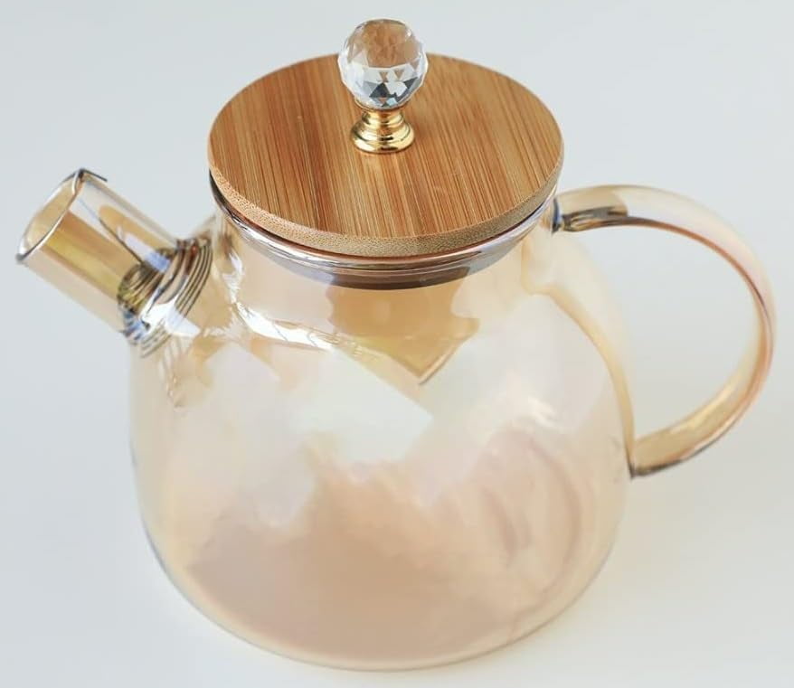 lizepto Wooden Lid with Diamond Glass Tea Pot Gold Kettle 1 Liter ...