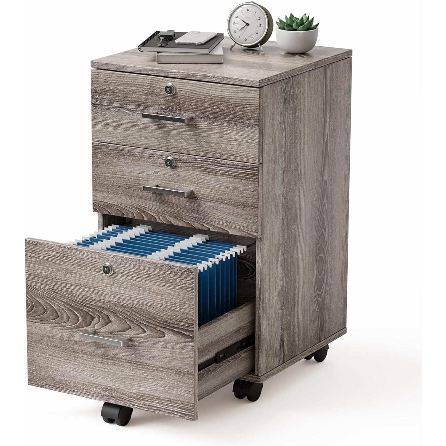 ljcp 3-Drawer File Cabinet with Lock, Wood Rolling File Cabinet Under ...