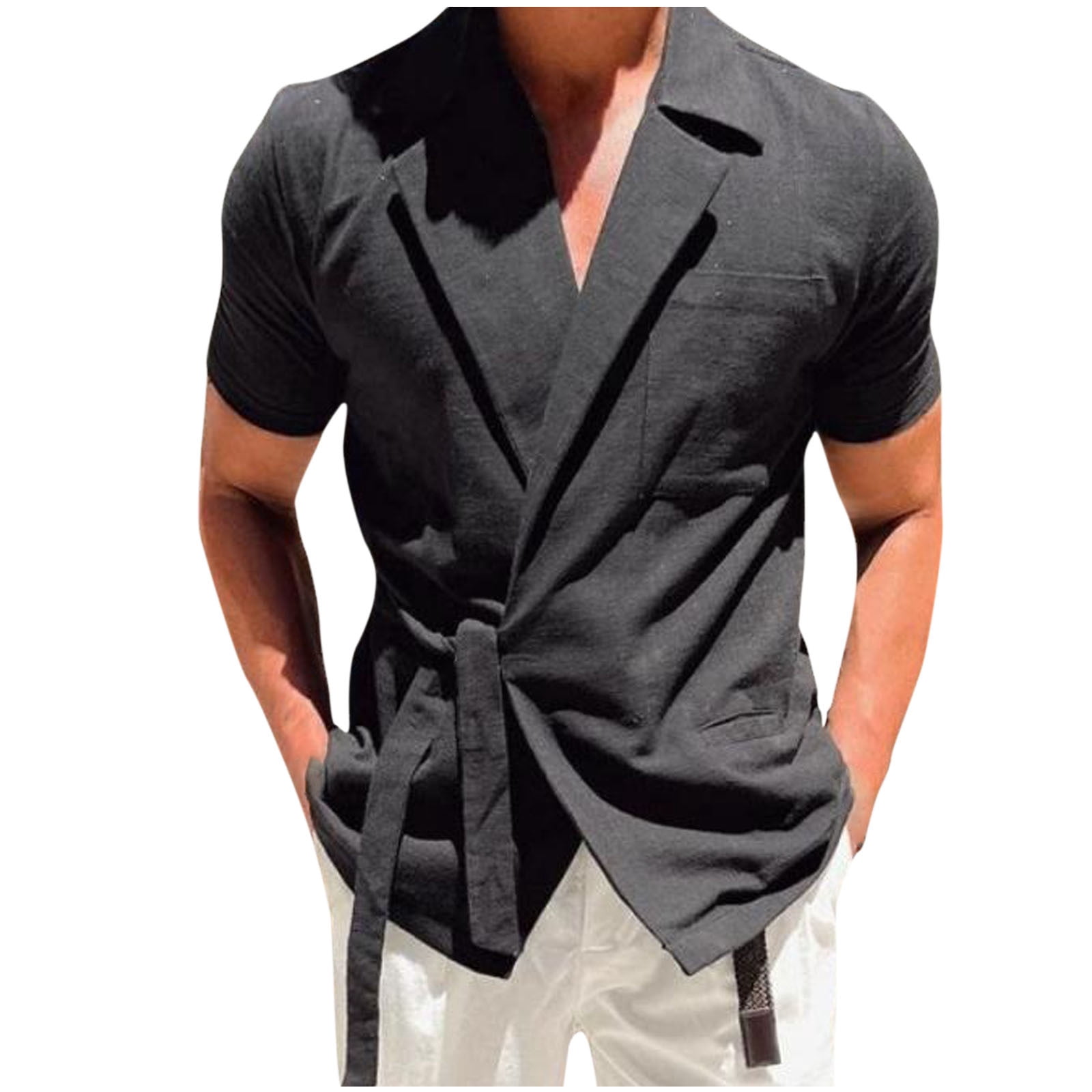 lkfuzj Men Casual Solid Turndown Button Frenulum Shirt Pockets Short ...