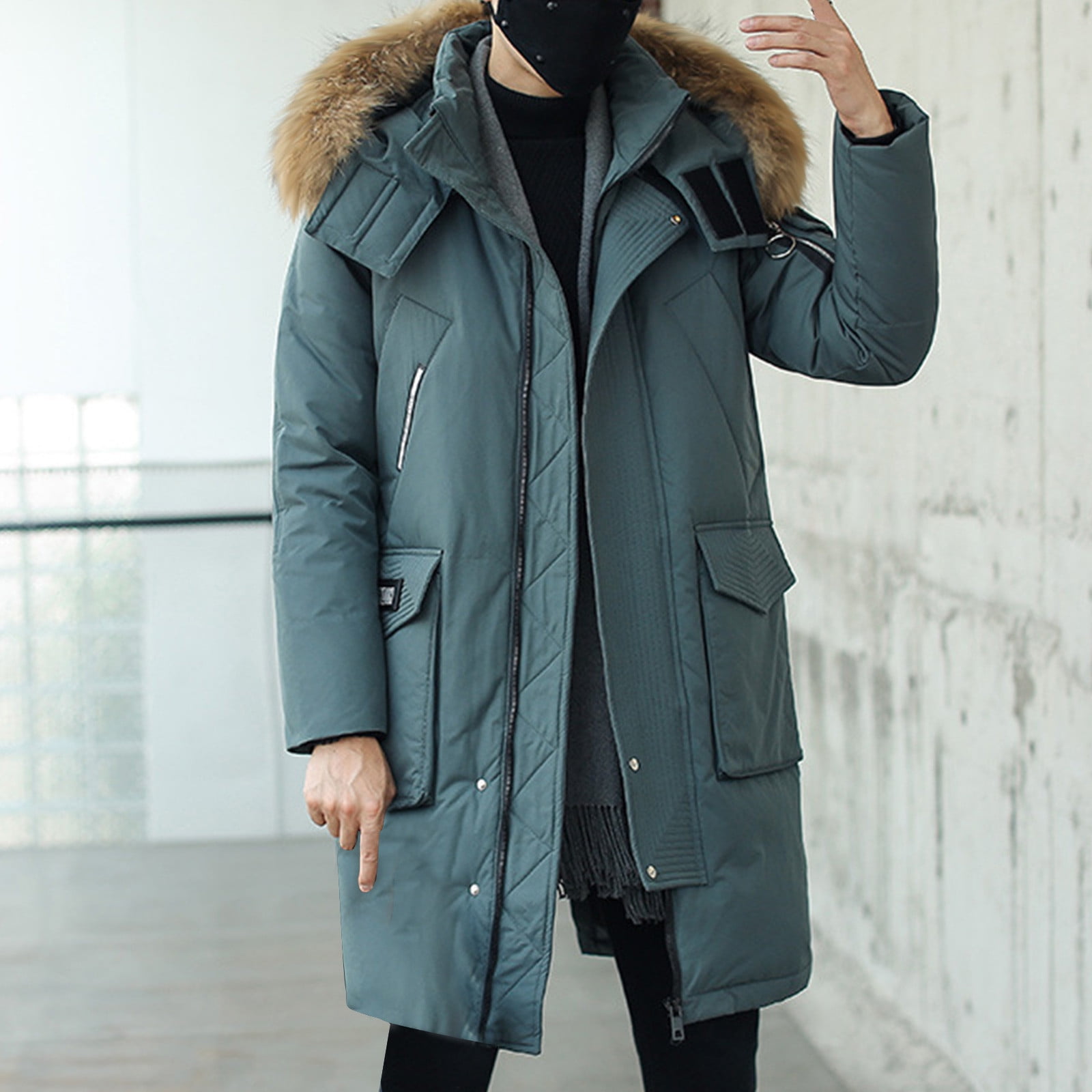 lkfuzj Men's Extra Long Down Jacket Solid Color Hooded Puffer Jacket ...