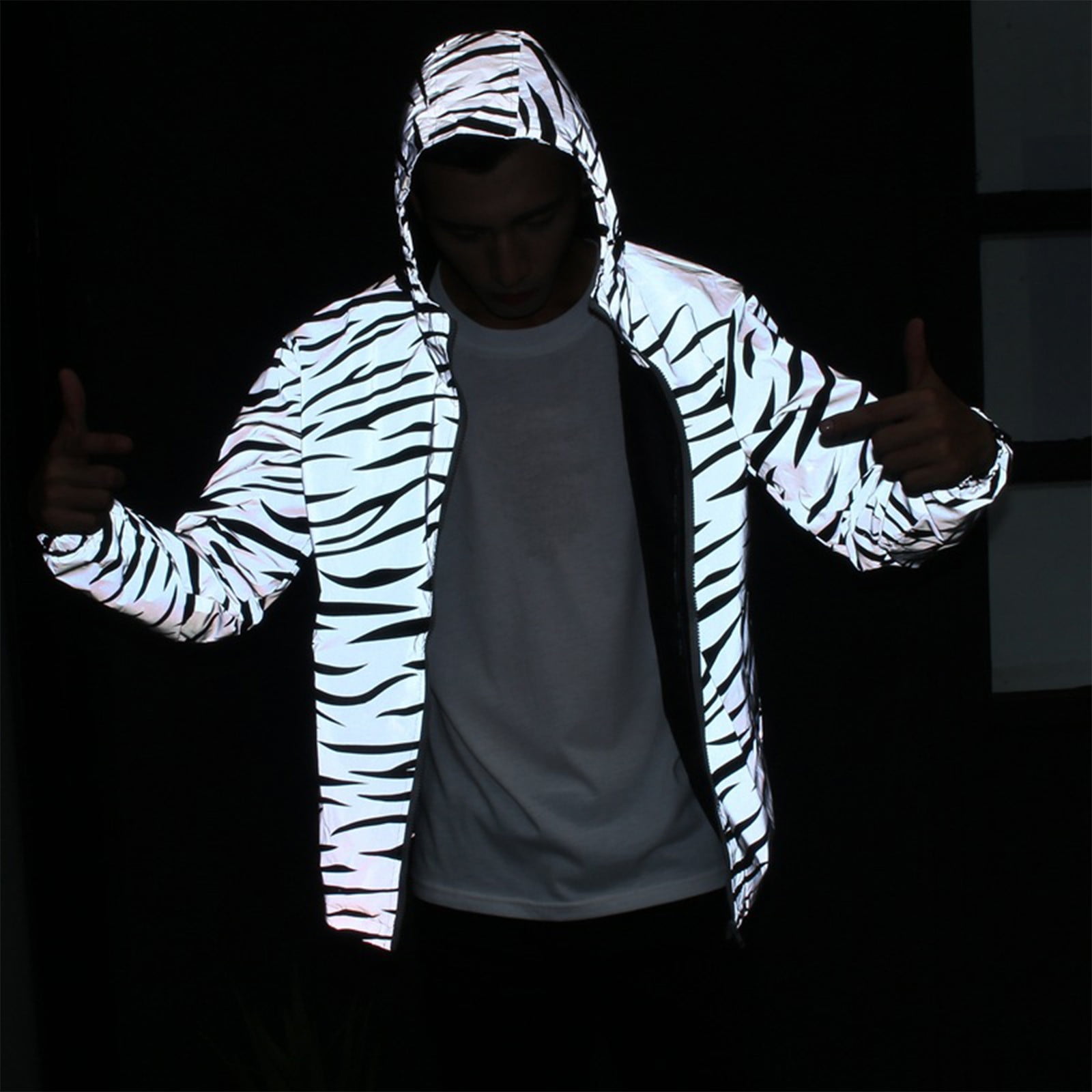 lkfuzj Men's Reflective Jacket Hip-hop Striped Dance Fluorescence ...