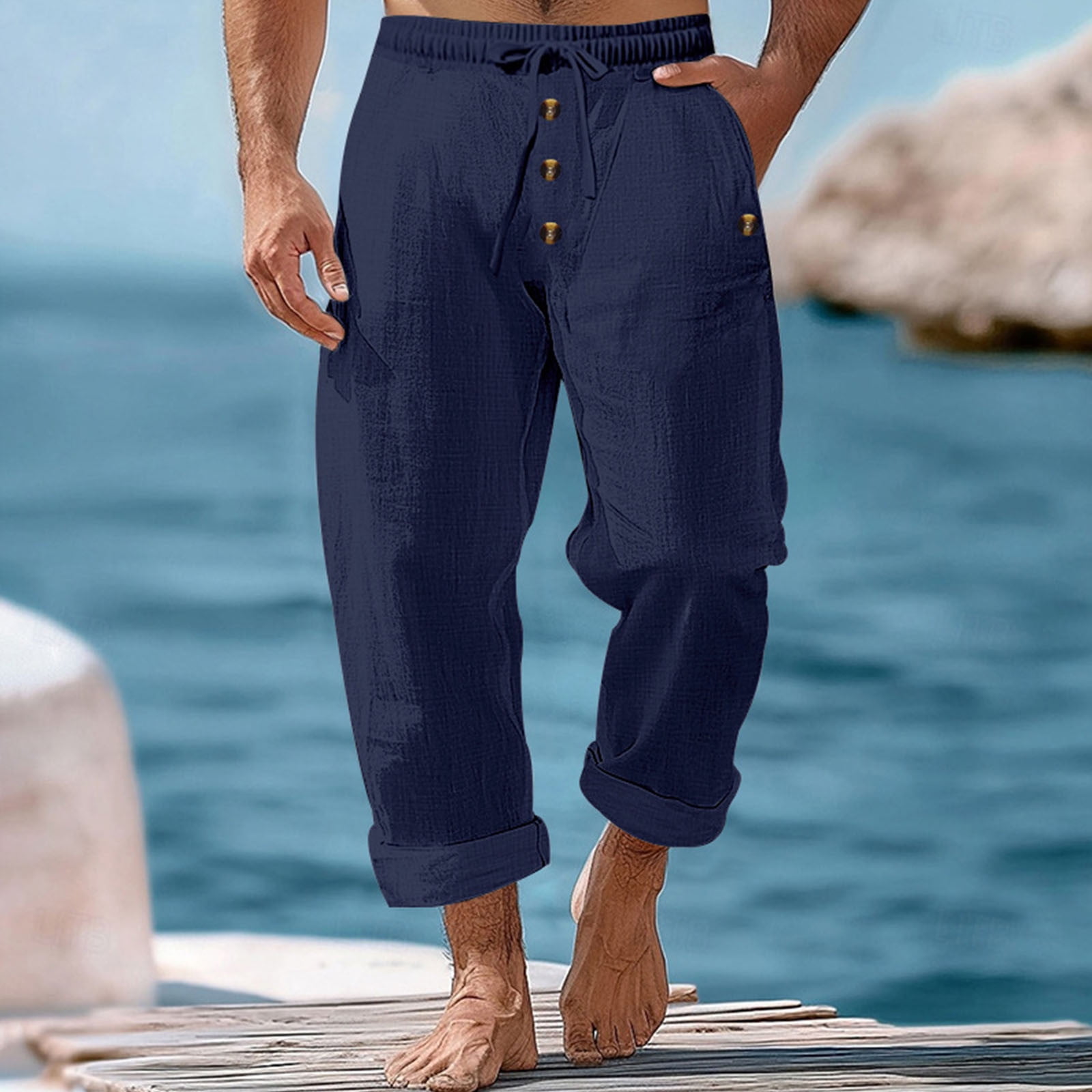 lkfuzj Mens Cotton Linen Casual Pants Lightweight Drawstring Wide Leg ...