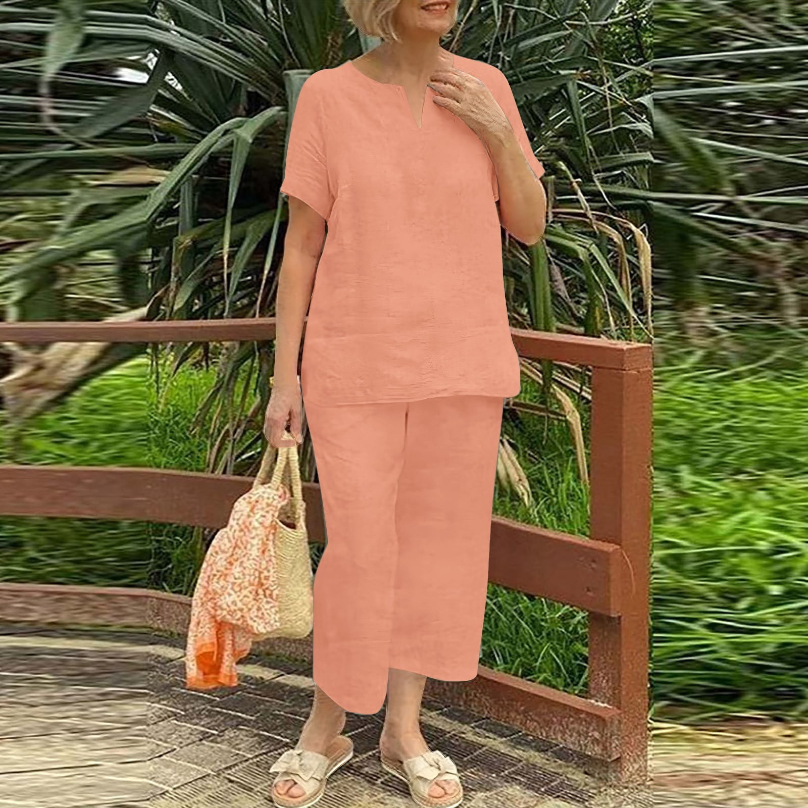 lmcalzta 2 Piece Sets for Women Linen Set Wide Leg Capris Short Sleeve ...