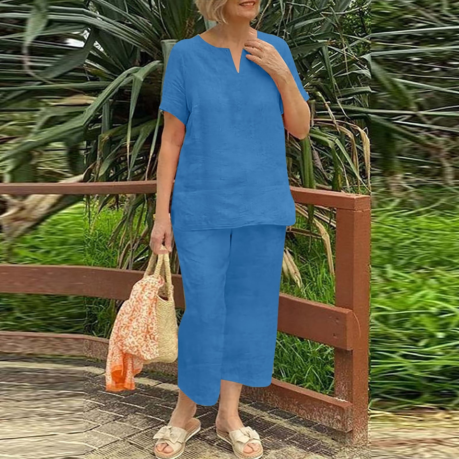 lmcalzta 2 Piece Sets for Women Linen Set Wide Leg Capris Short Sleeve ...