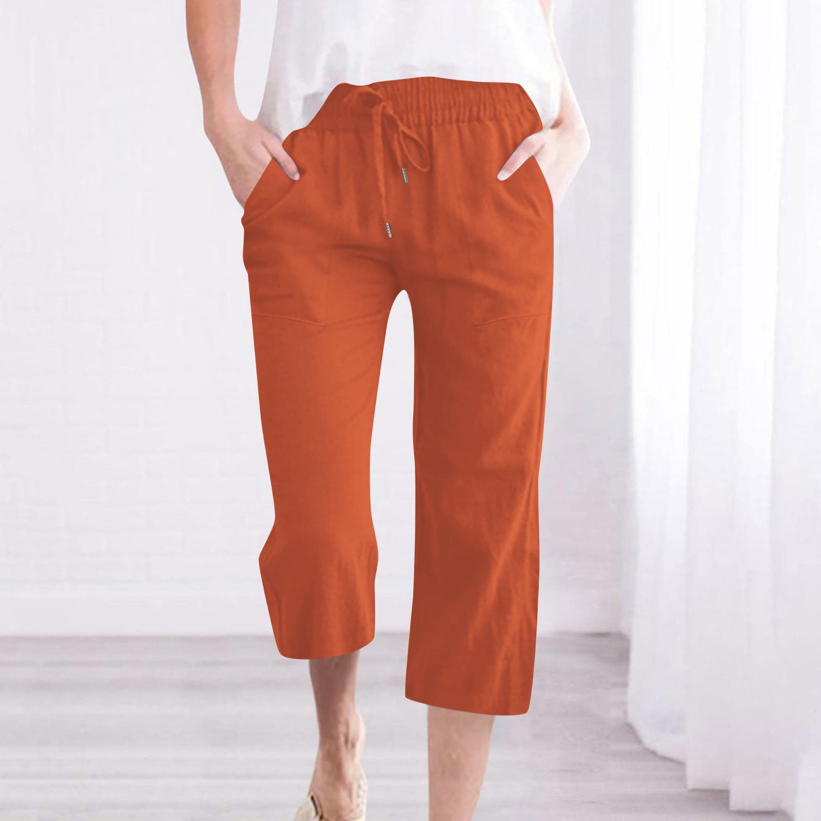 lmcalzta Capri Pants for Women Cotton Linen Casual Slacks Straight Wide ...