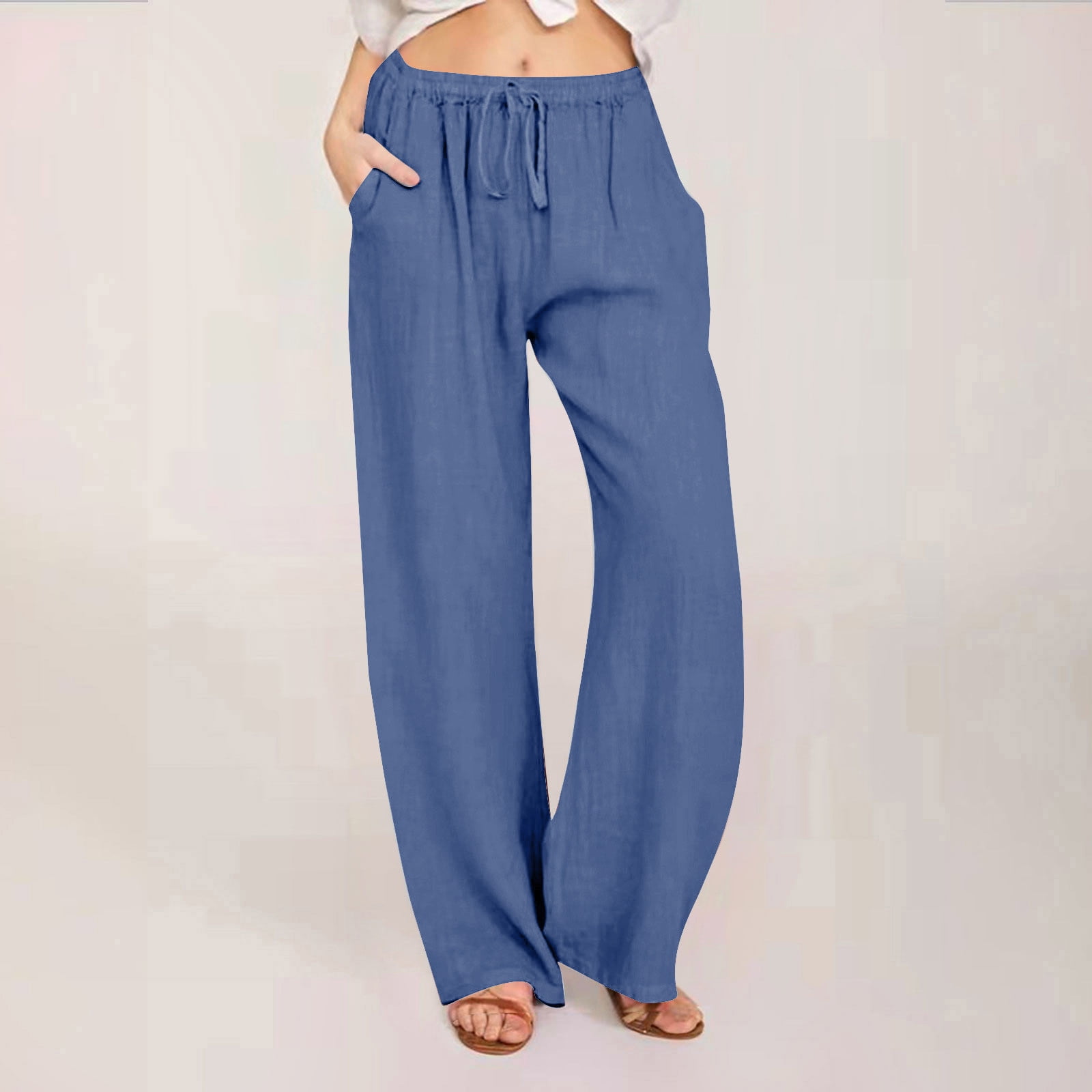 lmcalzta Linen Pants Women Drawstring Mid Waisted Wide Leg Slacks Loose ...