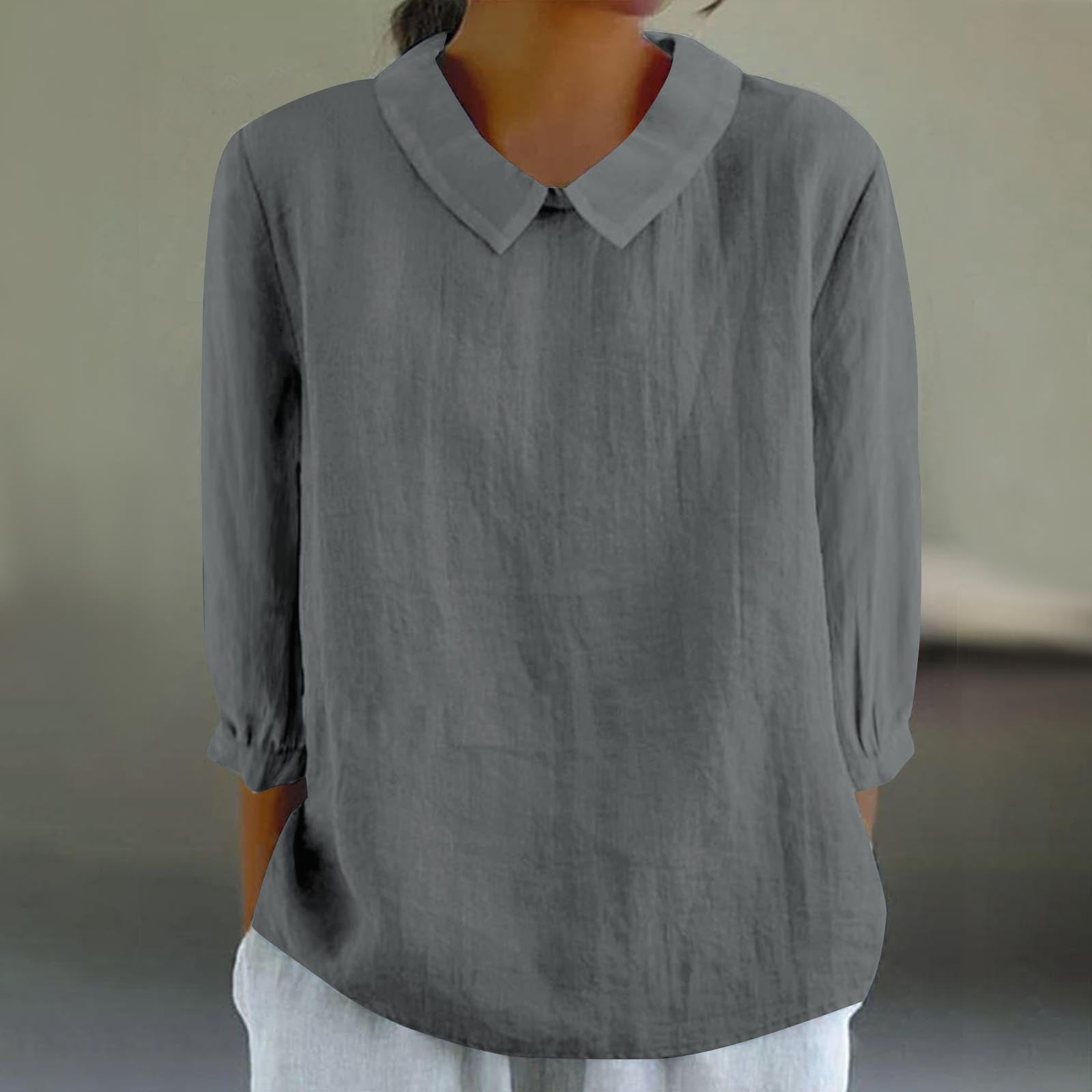 lmcalzta Linen Shirts for Women 3/4 Sleeve Lapel Retro Style Tops ...