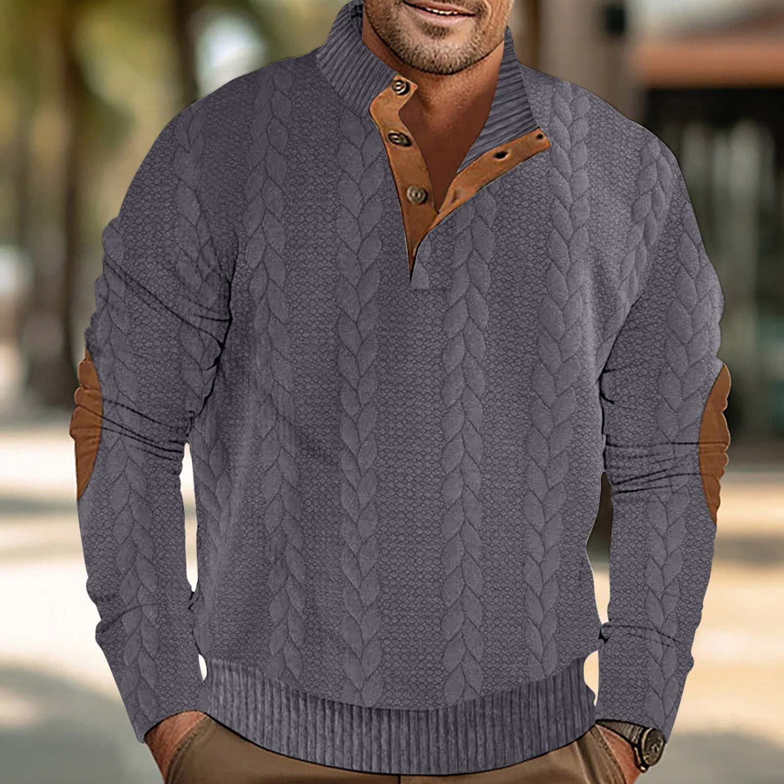 lmcalzta Men's Cable Knit Sweater Stand Collar Thermal Button Pullover ...