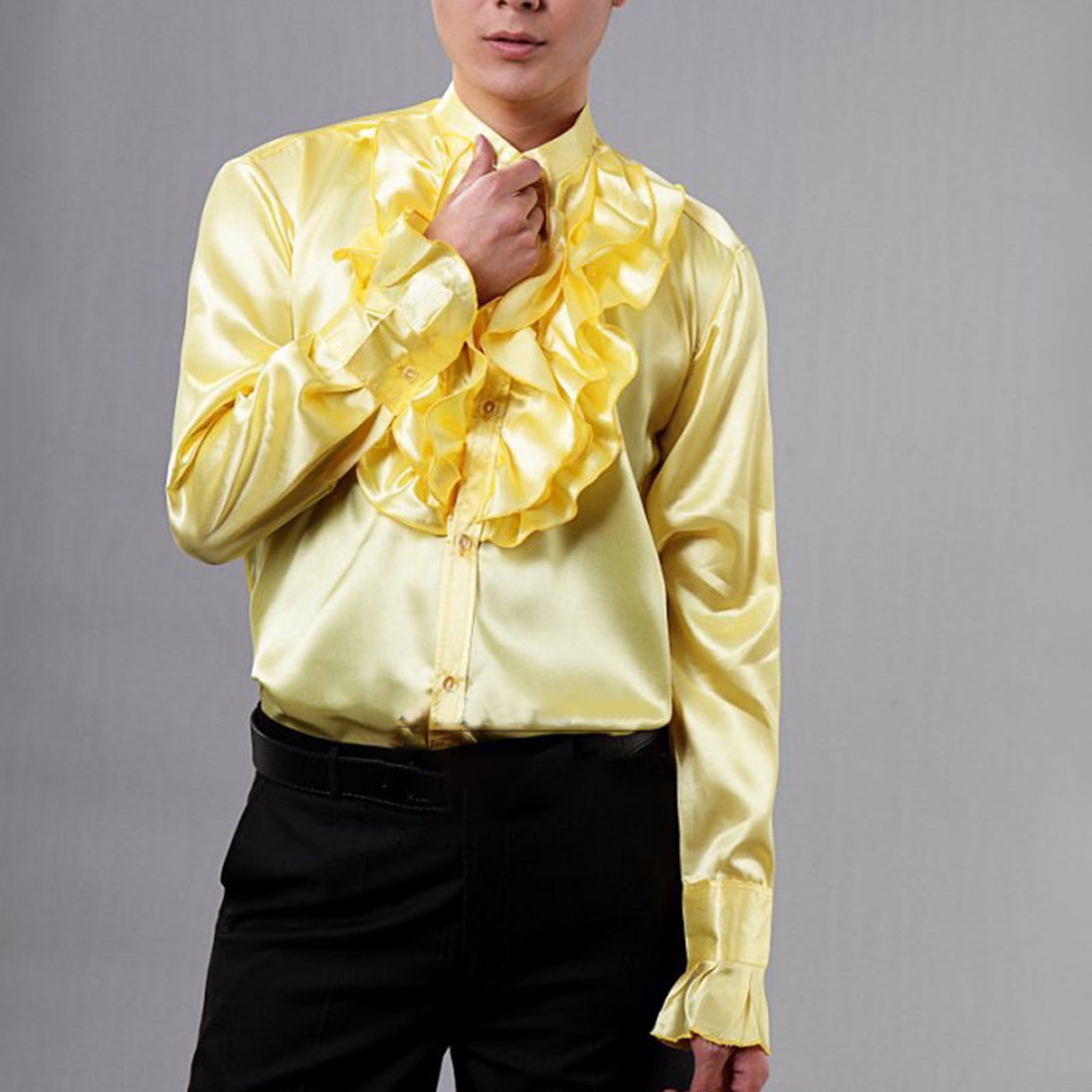 lmcalzta Men's Luxury Satin Dress Shirt Shiny Slik Long Sleeve Button ...