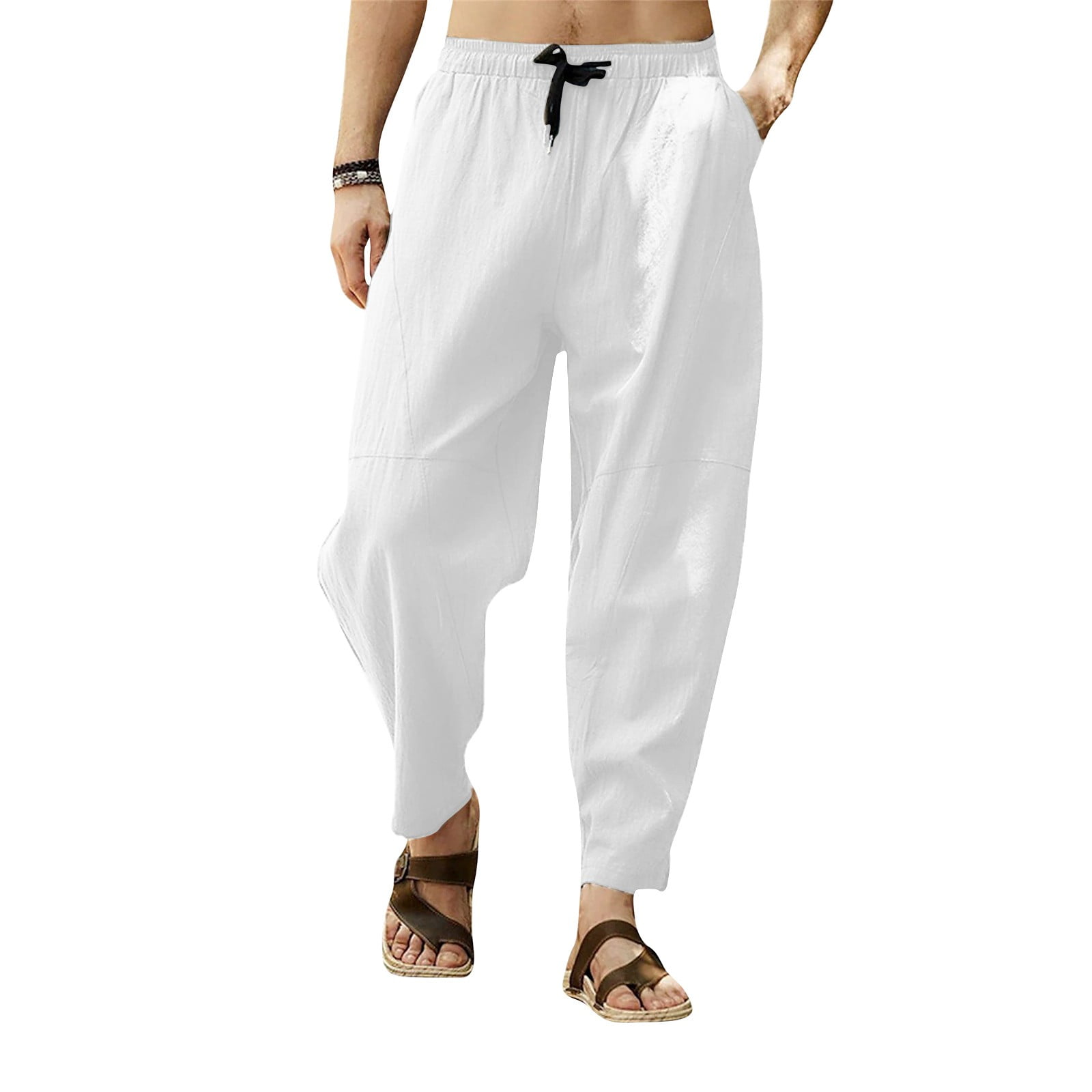 lmcalzta Mens Casual Linen Pants Loose Fitted Elastic Drawstring Waist ...