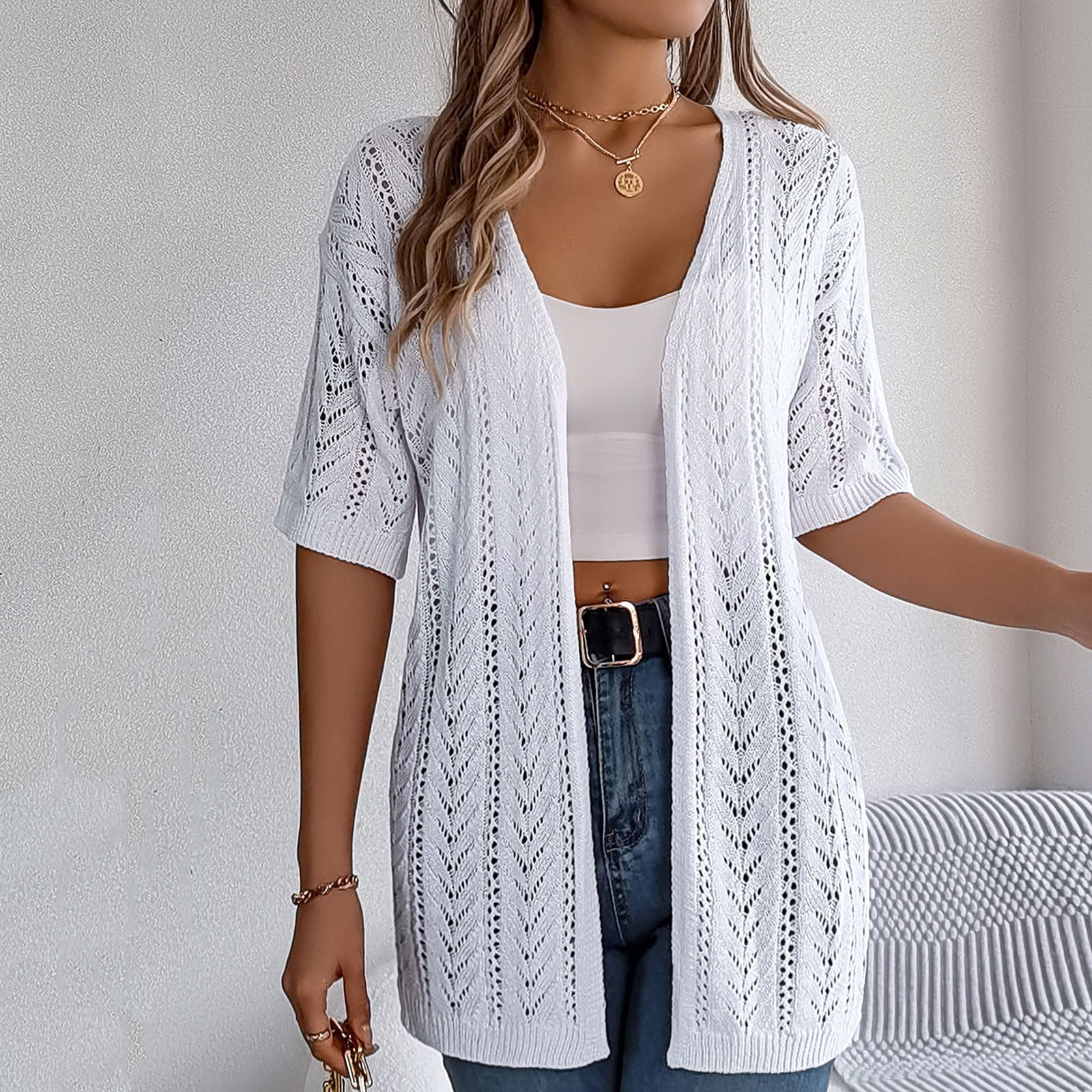 lmcalzta Womens Crochet Cardigan Sweater Short Sleeve Lightweight Open ...