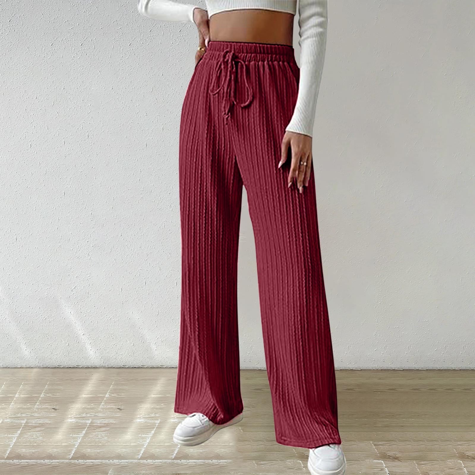 lmcalzta Womens Pants High Waist Drawstring Wide Leg Fashion Casual ...