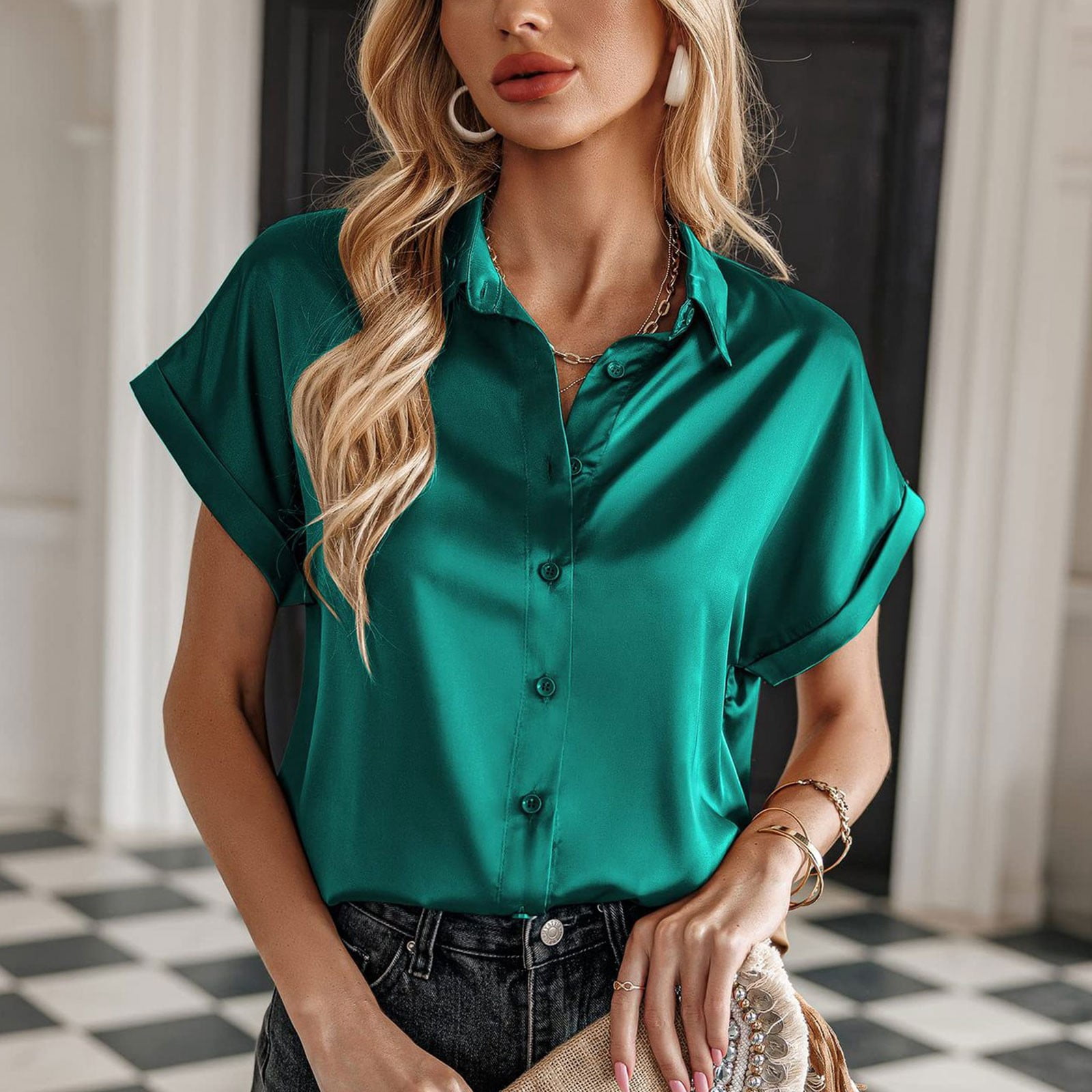 lmcalzta Womesn Satin Silk Tops Short Sleeve Button down T Shirts ...