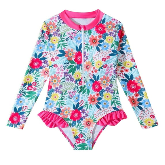 lnmuld Girls Swimsuit Long Sleeve Floral Print Rash Guard Swimsuit UPF ...