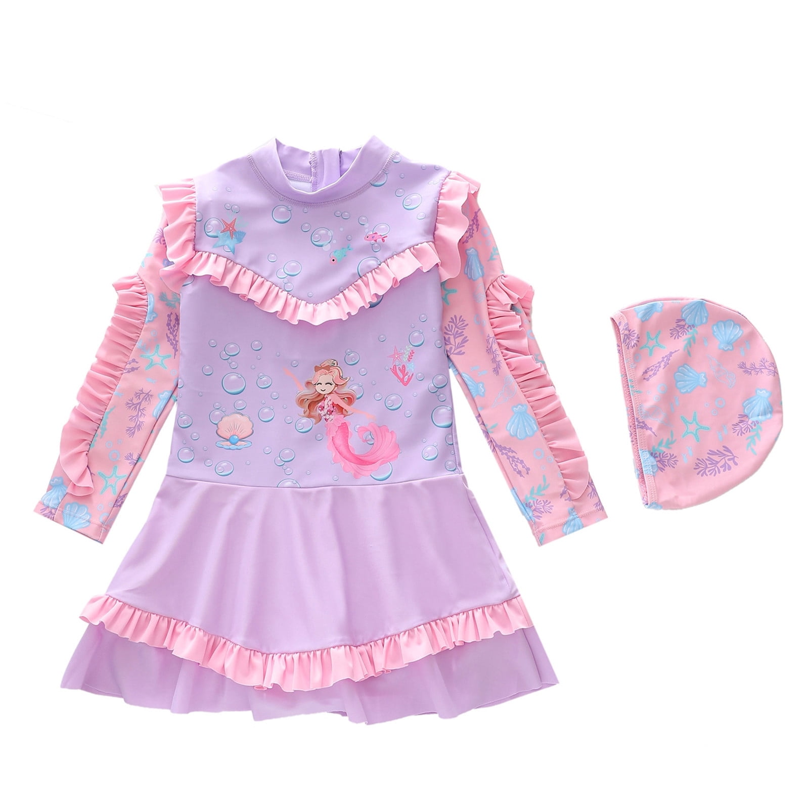 lnmuld Girls Swimsuit Sun Protective Long Sleeve Swimsuit Dress Style ...