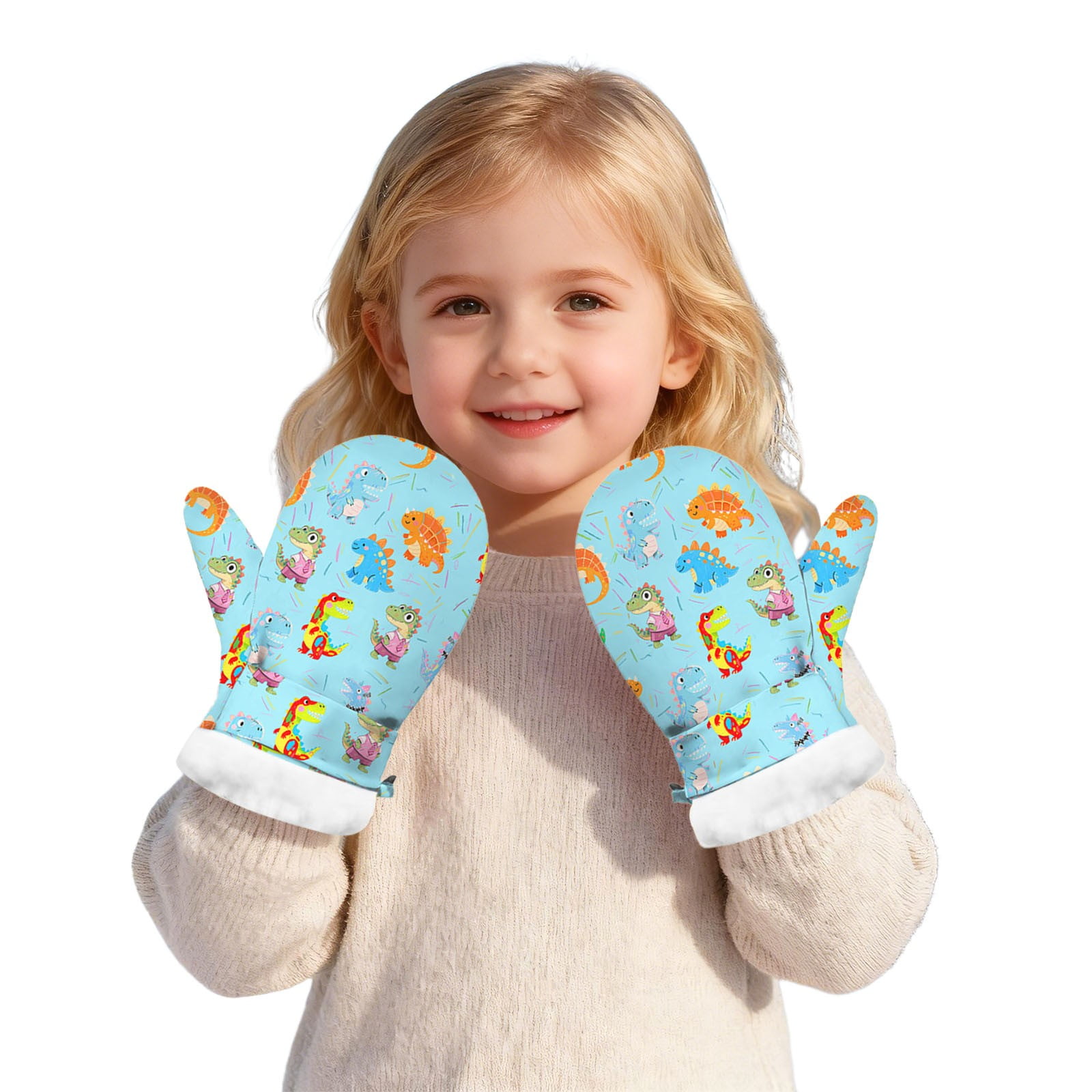 lnmuld Winter Thermal Insulated Dinosaur Print Mittens for Kids Outdoor ...