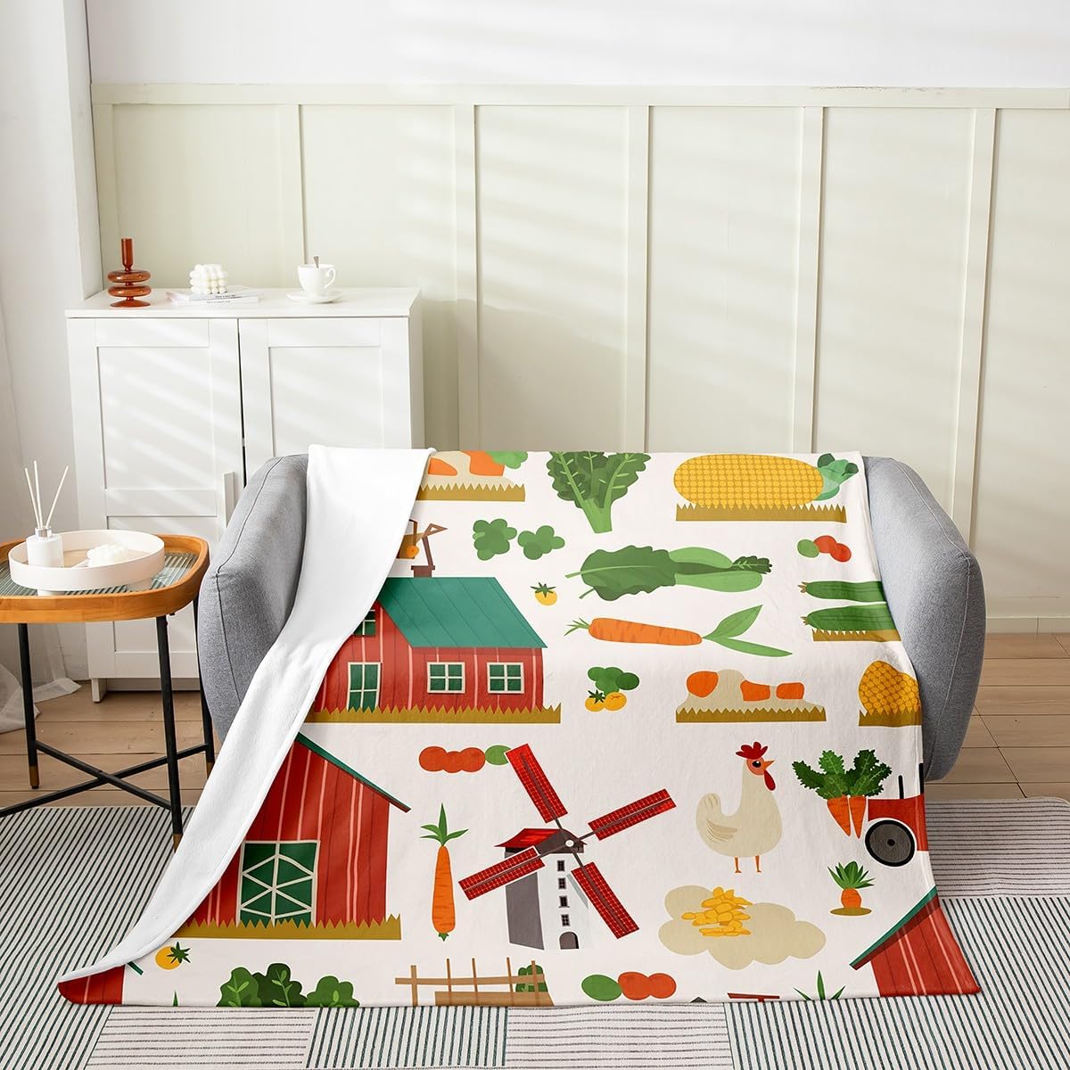lokua Vintage Farmhouse Windmill Blanket,Farm Vegetables Flannel ...