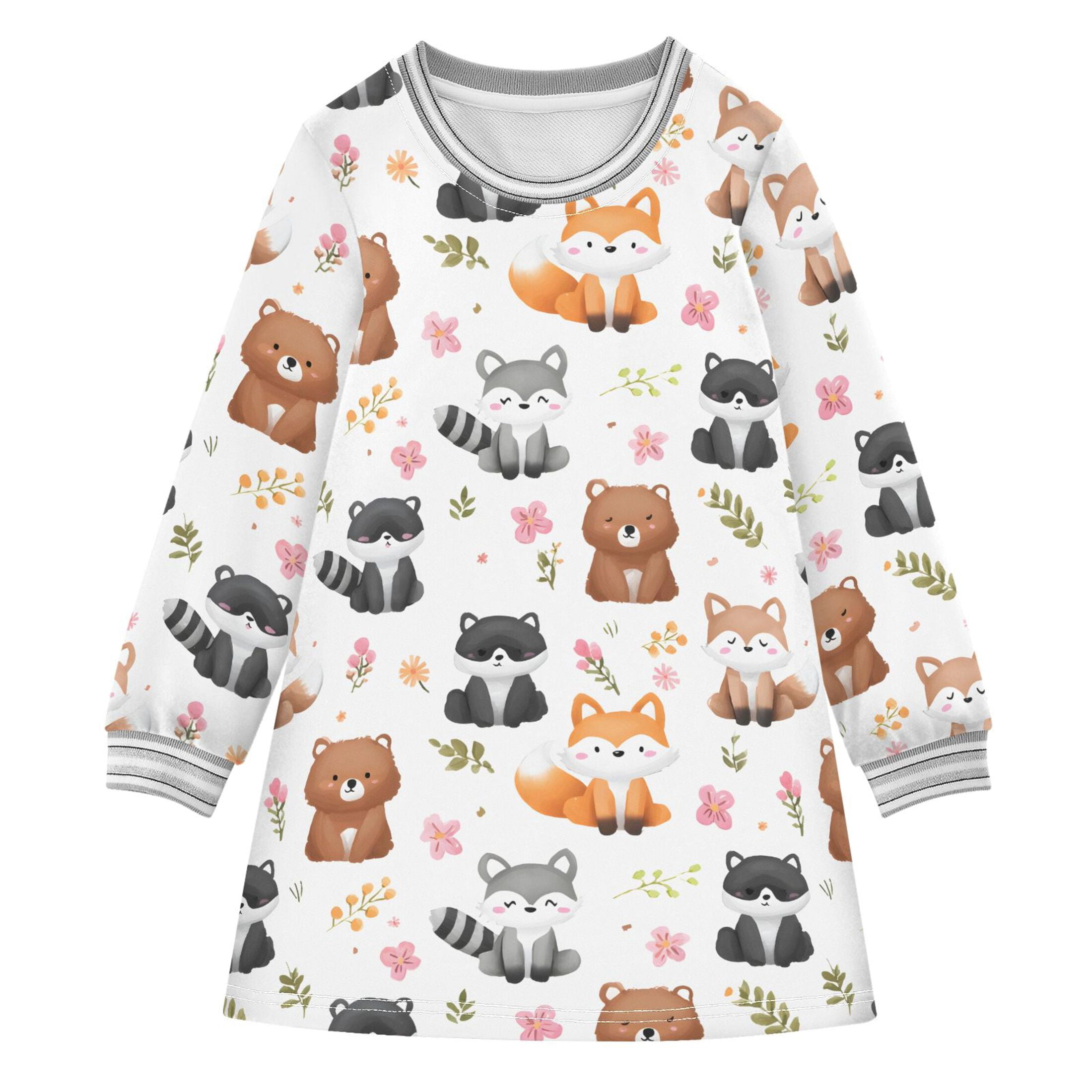 long-sleeved dress Cartoon Fox A-line dress with ribbed cuffs Soft and ...