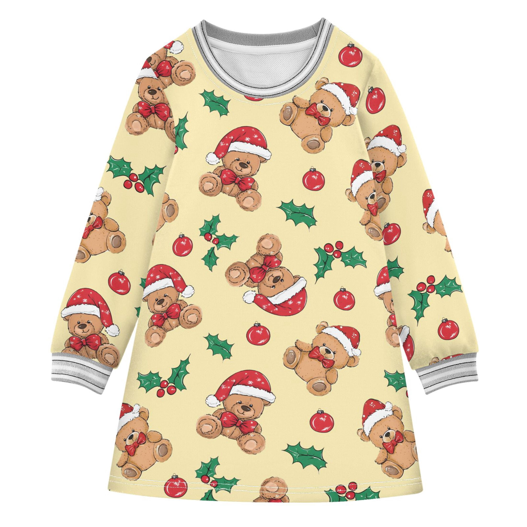 long-sleeved dress Holly Leave Christmas Bear A-line dress with ribbed ...