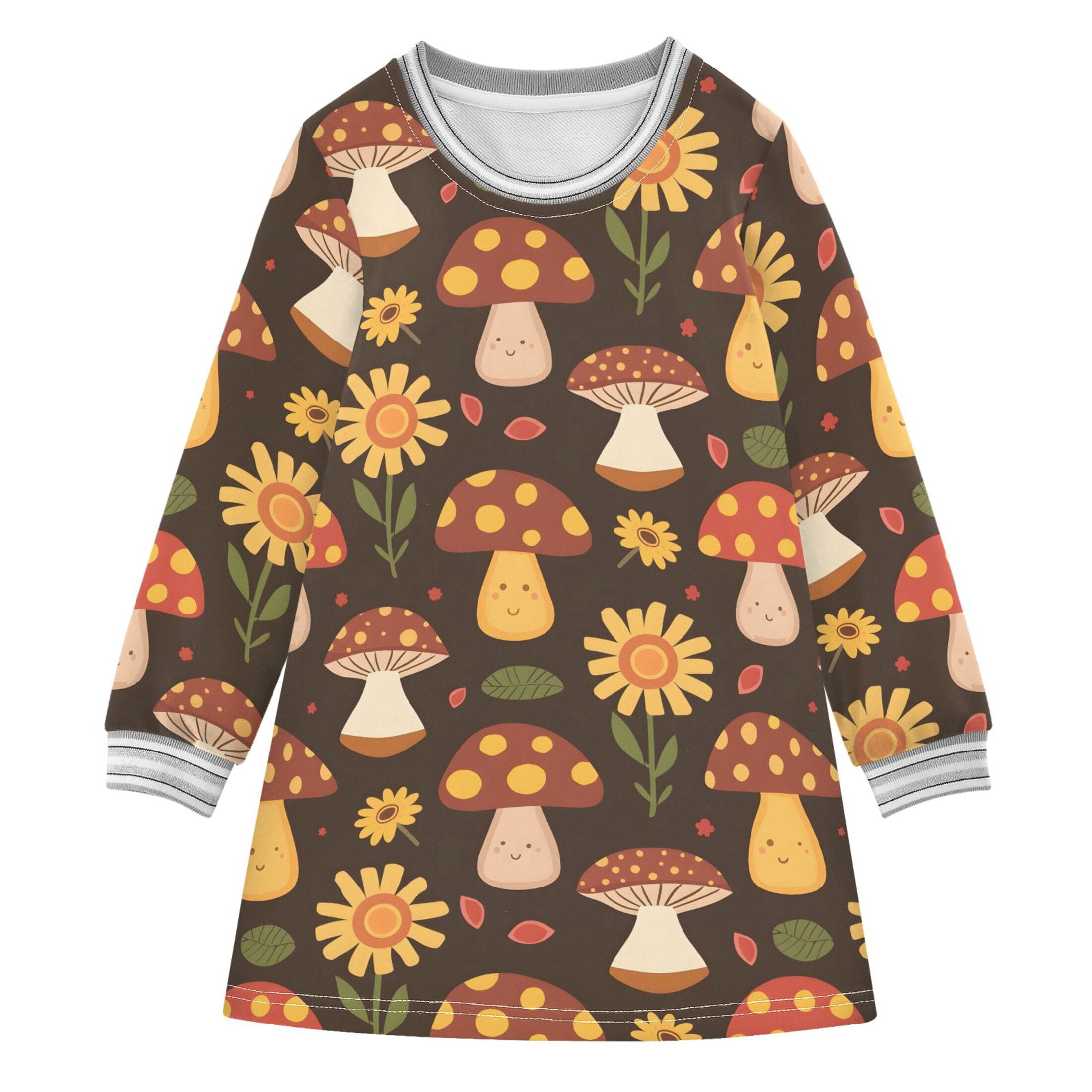 long-sleeved dress Mushroom and Sunflowers A-line dress with ribbed ...