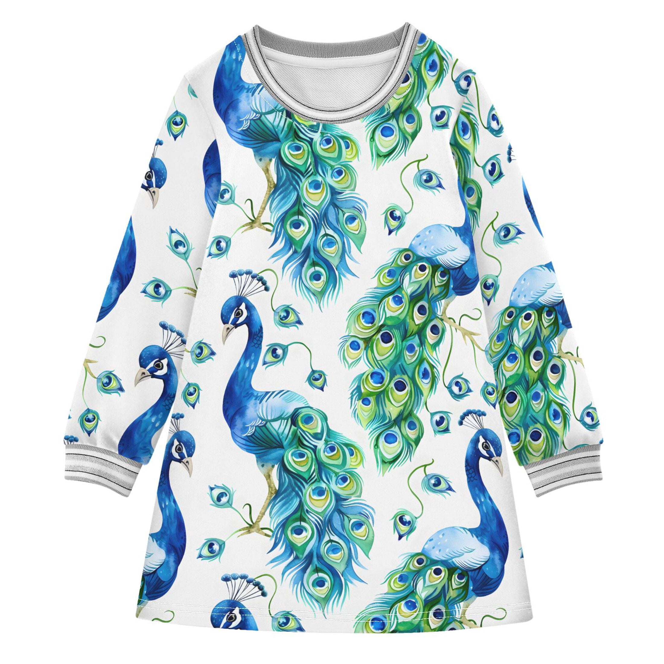 long-sleeved dress Peacock Watercolor A-line dress with ribbed cuffs ...