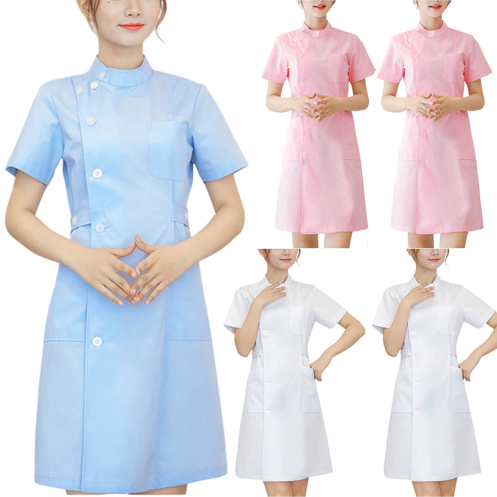 longantii Nurse Scrubs Dress for Women Formal Mock Neck Short Sleeve ...