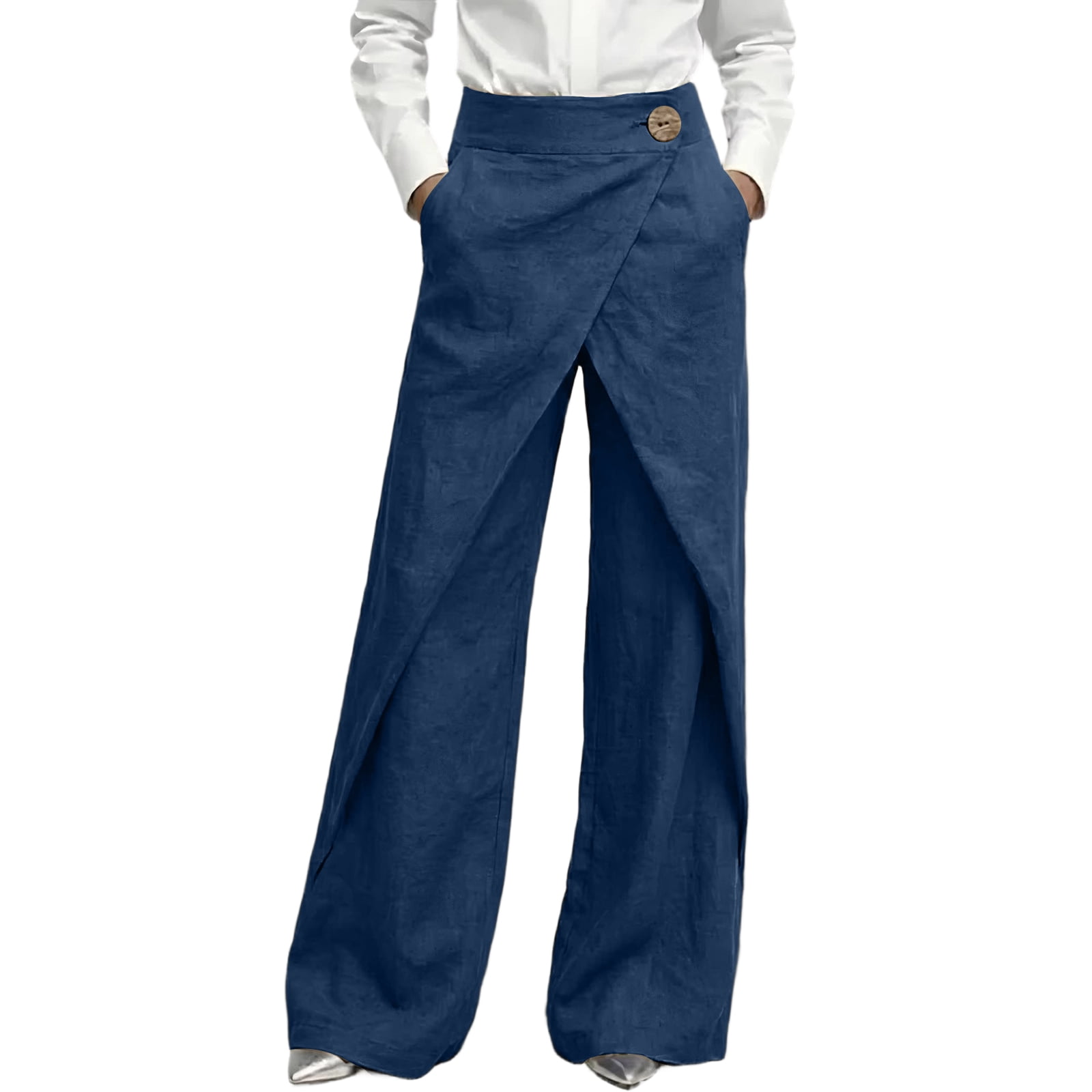 longantii Women's Linen Pants Dressy Wide-Leg Wrap Waist Trousers ...